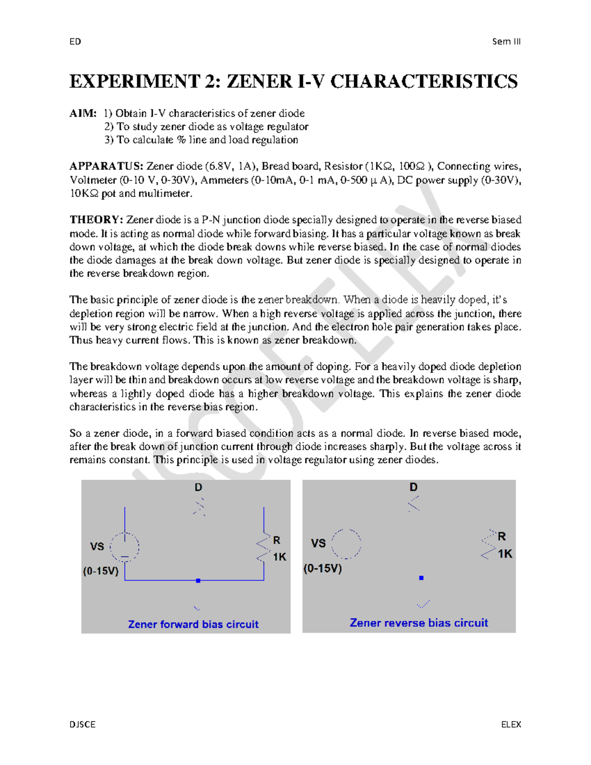 Ed expt 02 - Zener Diode - EXPERIMENT 2: ZENER I-V CHARACTERISTICS AIM ...