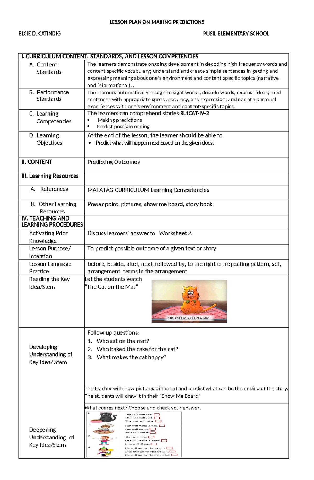 Lesson Plan on Making Predictions - ELT 101 by Elcie Catindig - Studocu