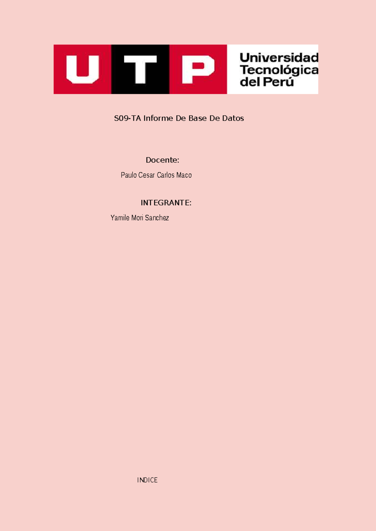 Informe de Base de Datos Docente TA2 - Yamile Mori Sánchez - Studocu