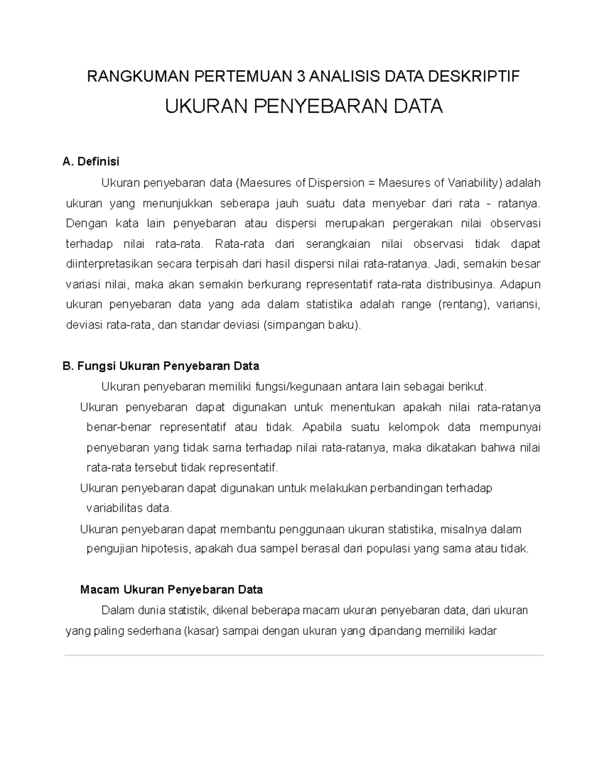 Rangkuman Pertemuan 3: Analisis Data Deskriptif dan Penyebarannya - Studocu