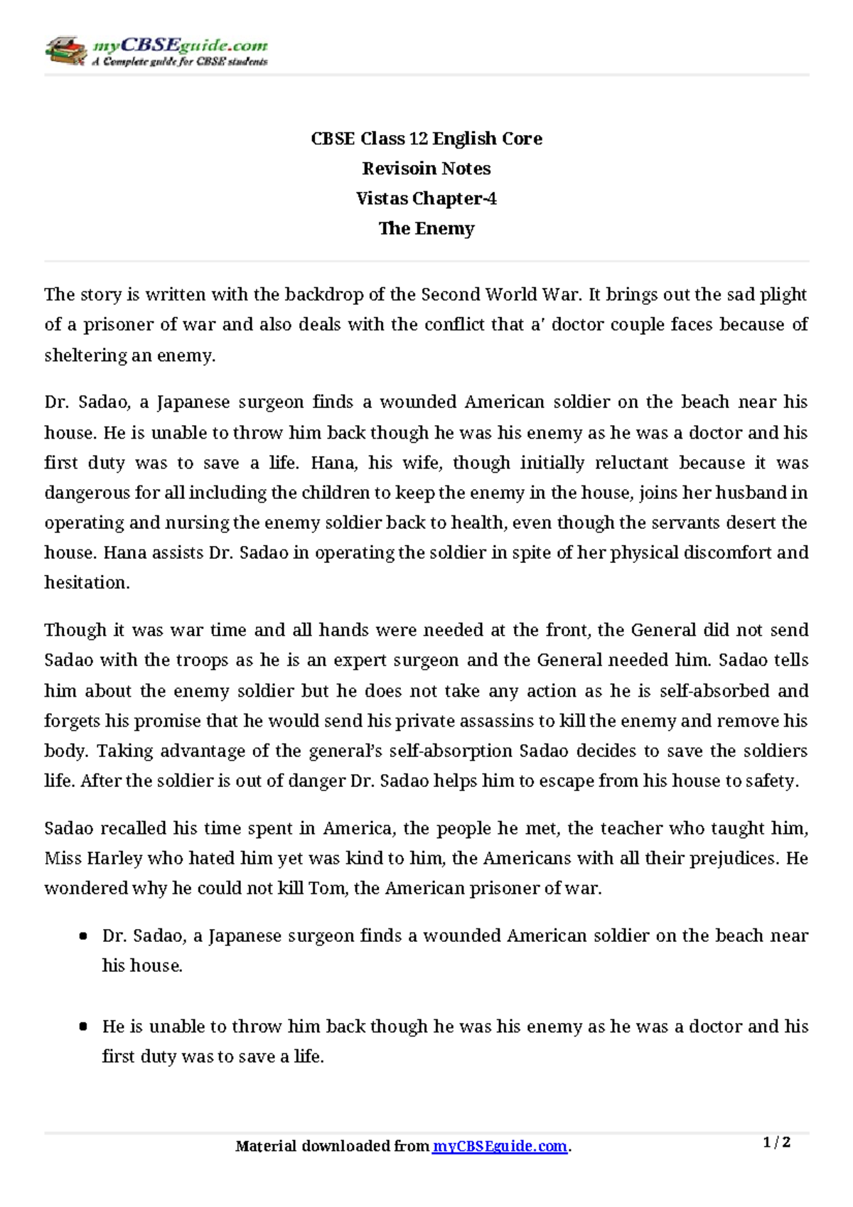 CBSE Class 12 English Core Revision Notes: The Enemy Analysis - Studocu