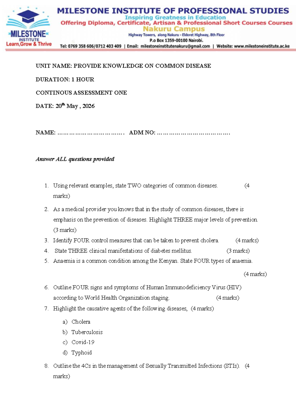 Common Diseases: Mandatory Exam - Unit Code 2026 - Studocu