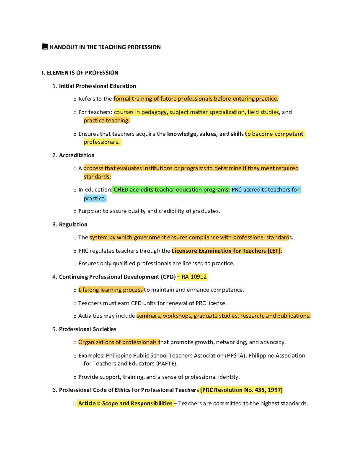 Handout on Teaching Profession I: Key Elements and Laws - Studocu