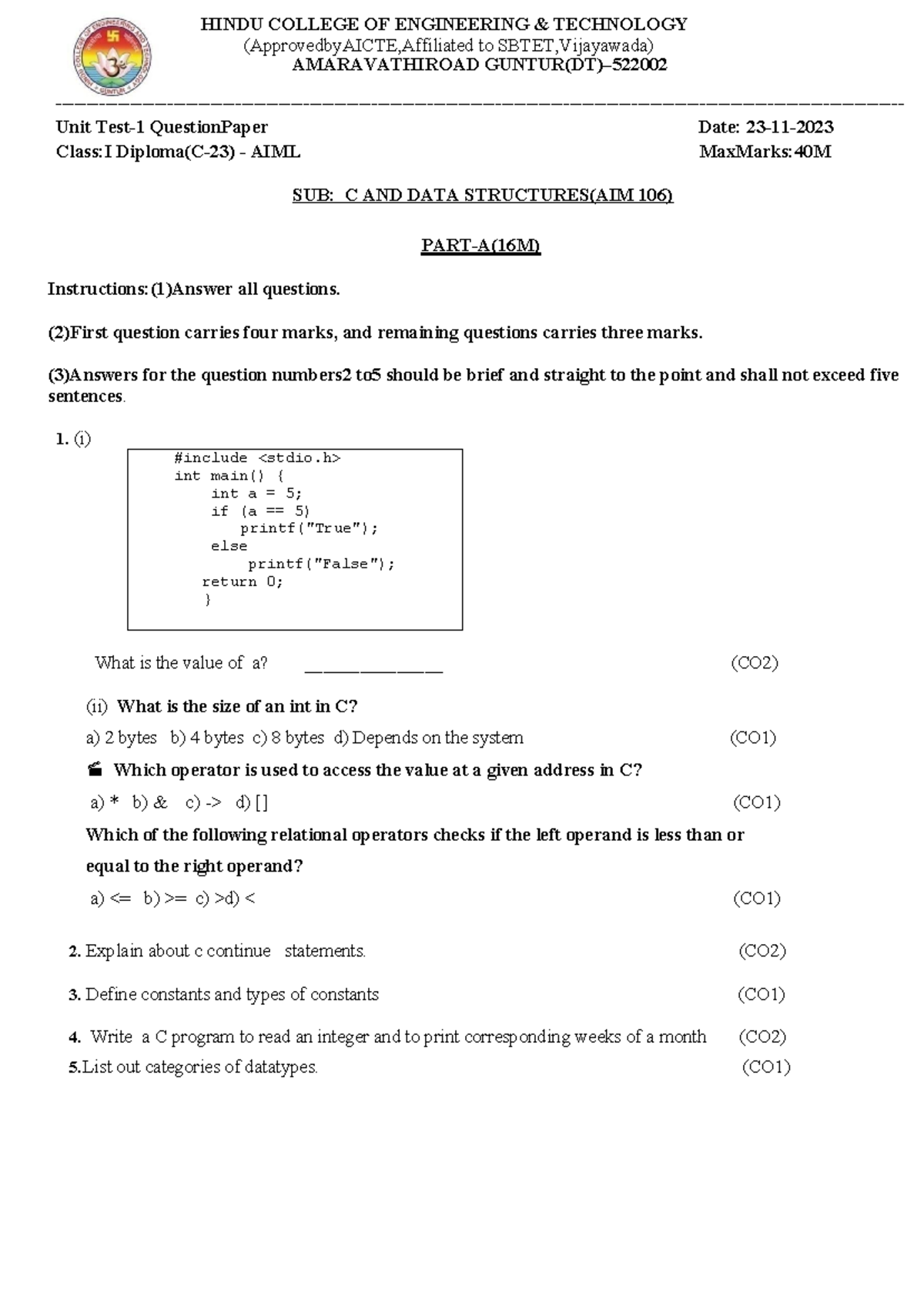 C & DS AIML MID1 Question Paper - HCE Tech - Studocu