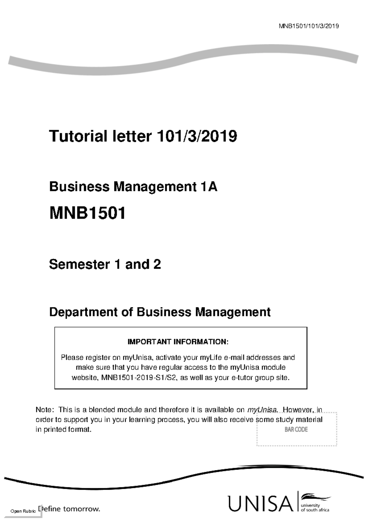 Unisa study material, Business Management 101 - MNB1501/101/3/ Tutorial ...