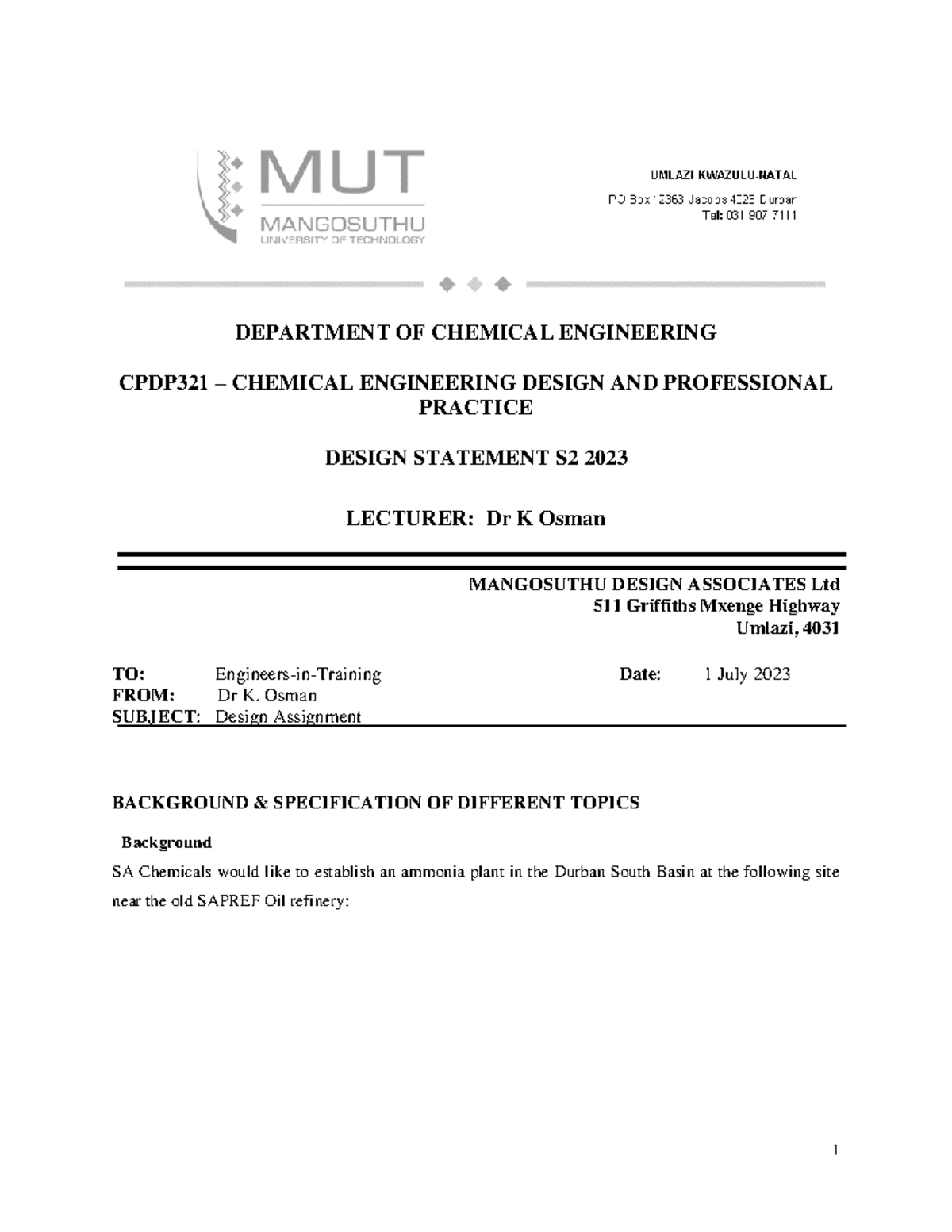 Chemical Engineering Design Report: CPDP321 - S2 2023 Assignment - Studocu