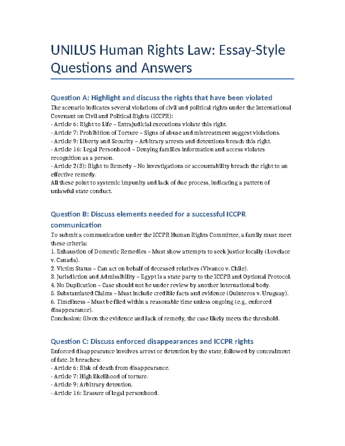 UNILUS Human Rights Law: Essay Answers on ICCPR Violations and Remedies ...