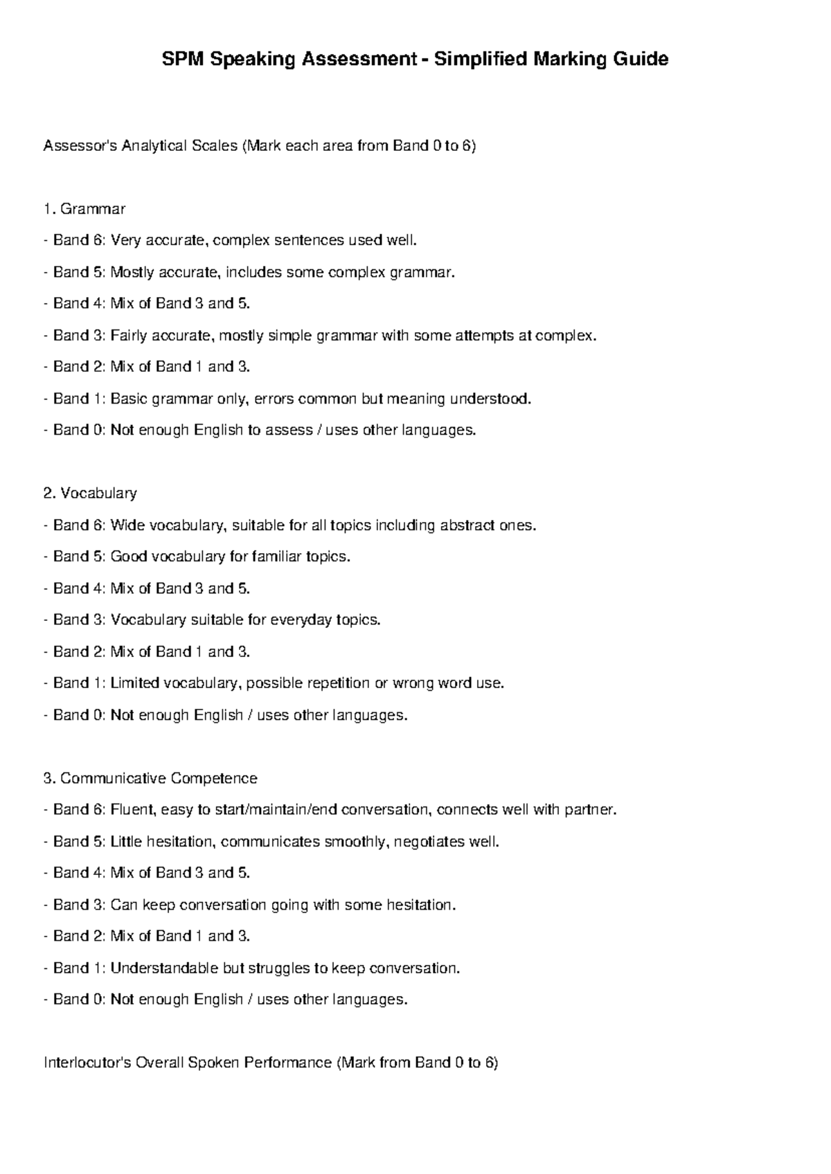 SPM Speaking Assessment Marking Guide: Analytical Scales (Band 0-6 ...