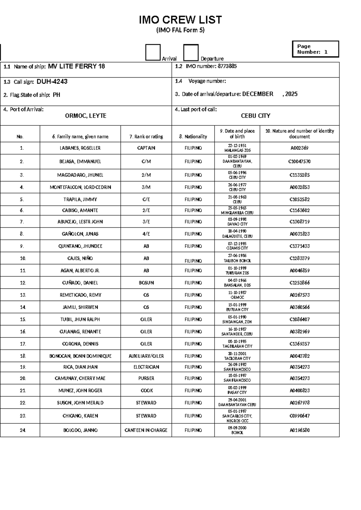 IMO FAL Form 5 Crew List for MV LITE FERRY 18 (CEB-ORM) - Studocu