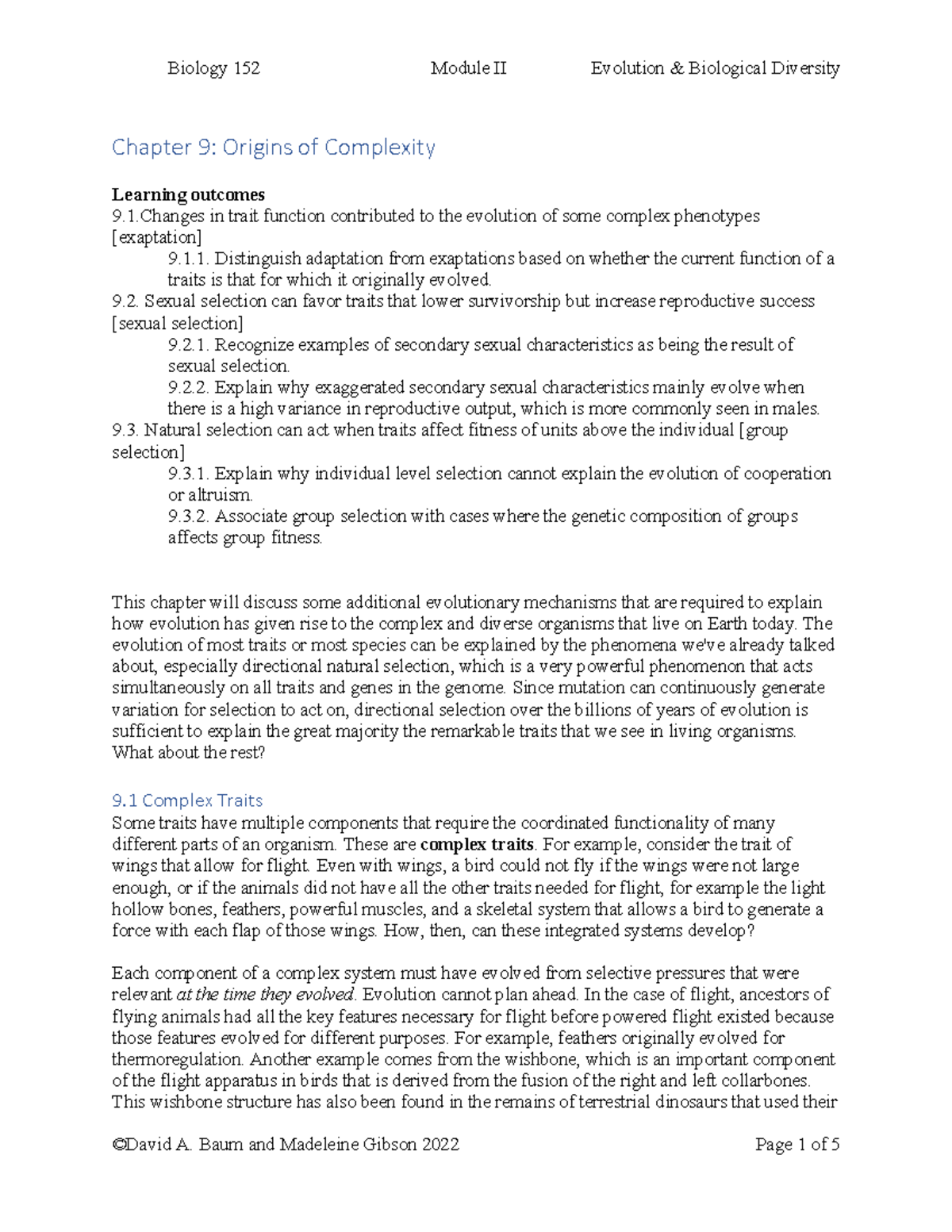 Biology 152 Module II: Evolution & Complexity - Chapter 9 Notes - Studocu