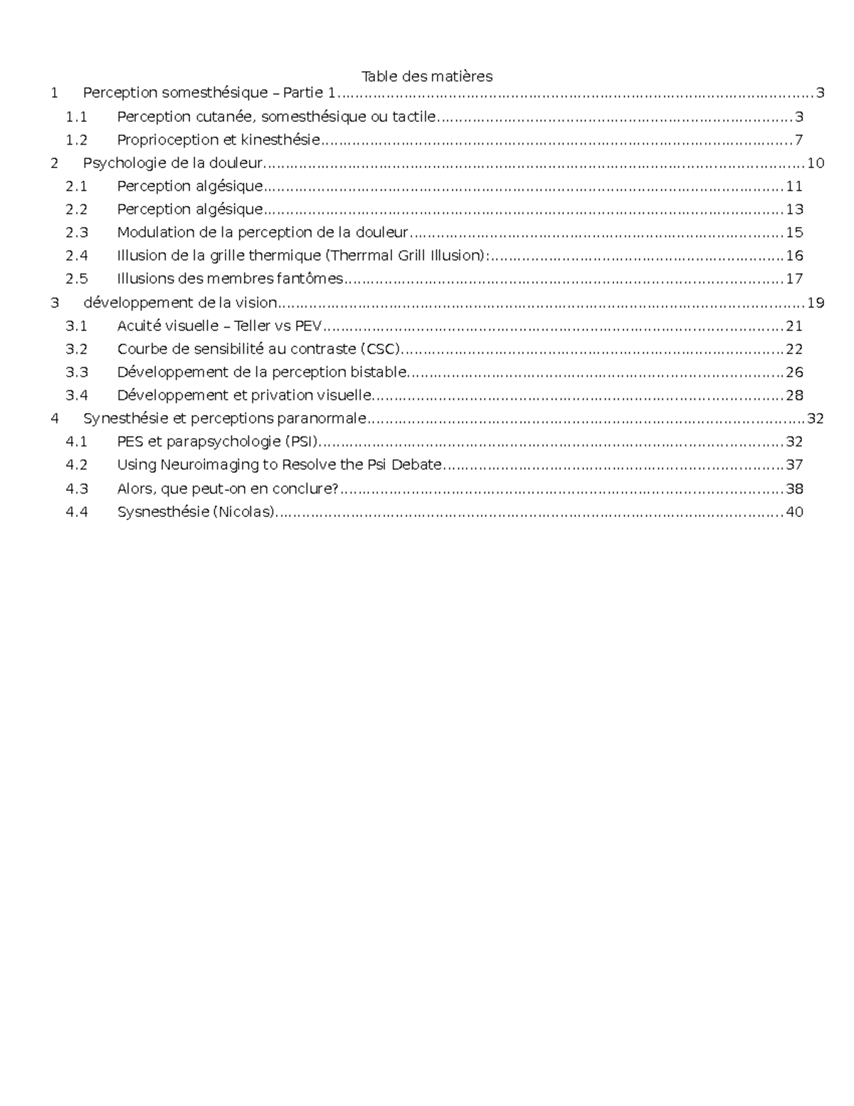 Notes de cours PSY-4050 - Examen 3: Perception et Douleur - Studocu