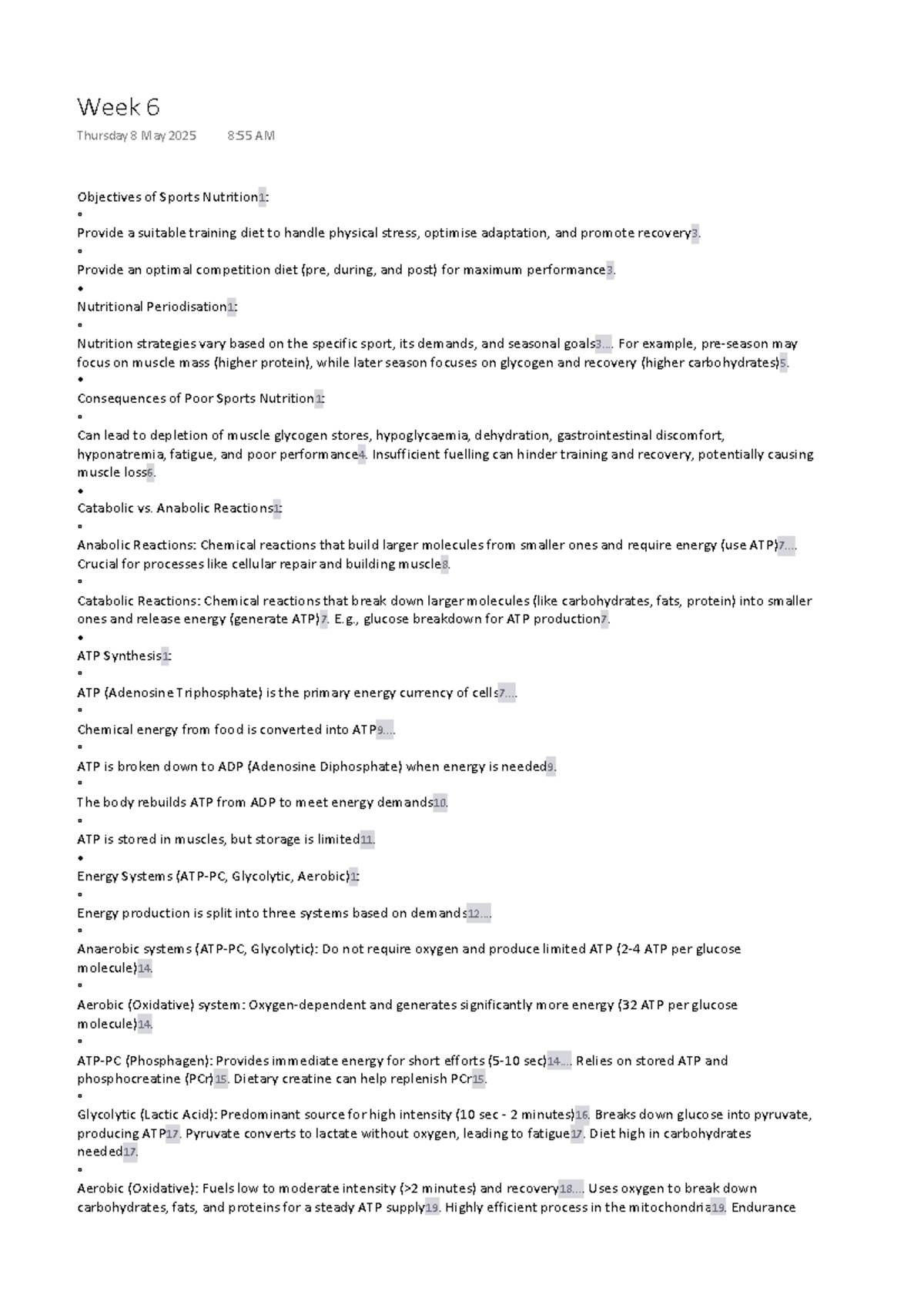 Week 6 - Sports Nutrition Objectives and Energy Systems Summary - Studocu