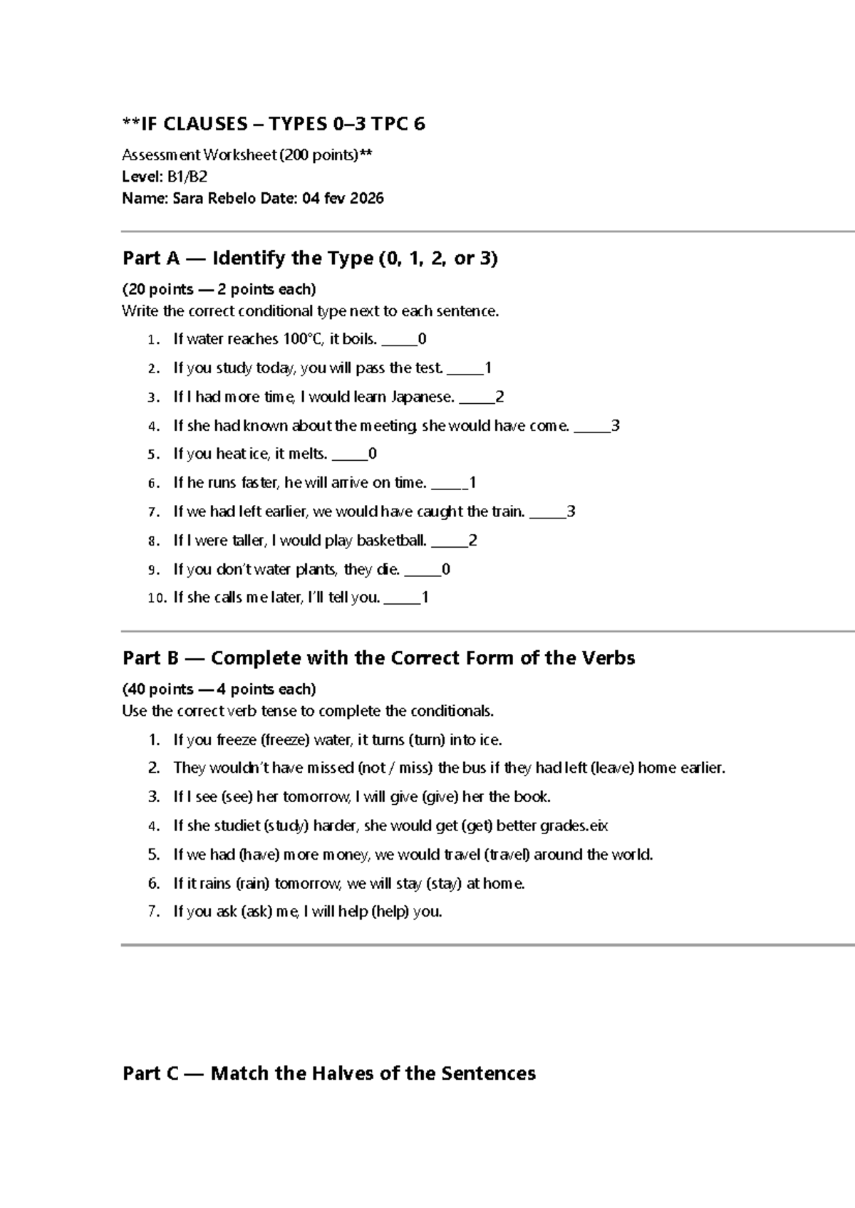 IF Clauses Types Assessment Worksheet - TPC 6 - Studocu