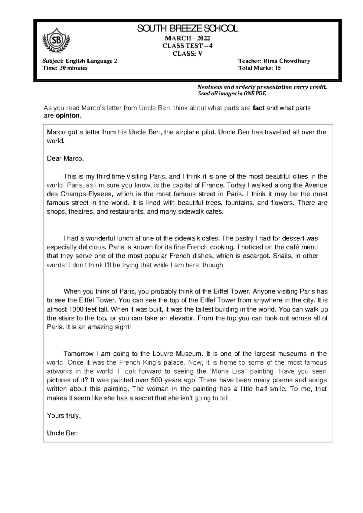 SOUTH BREEZE SCHOOL CLASS V ENGLISH TEST 4 - MARCH 2022 - Studocu