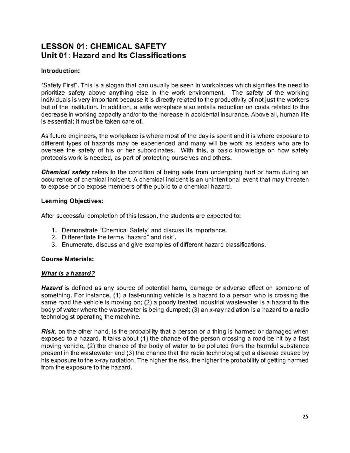 LESSON 01: CHEMICAL SAFETY - Hazard Classifications and Protocols - Studocu