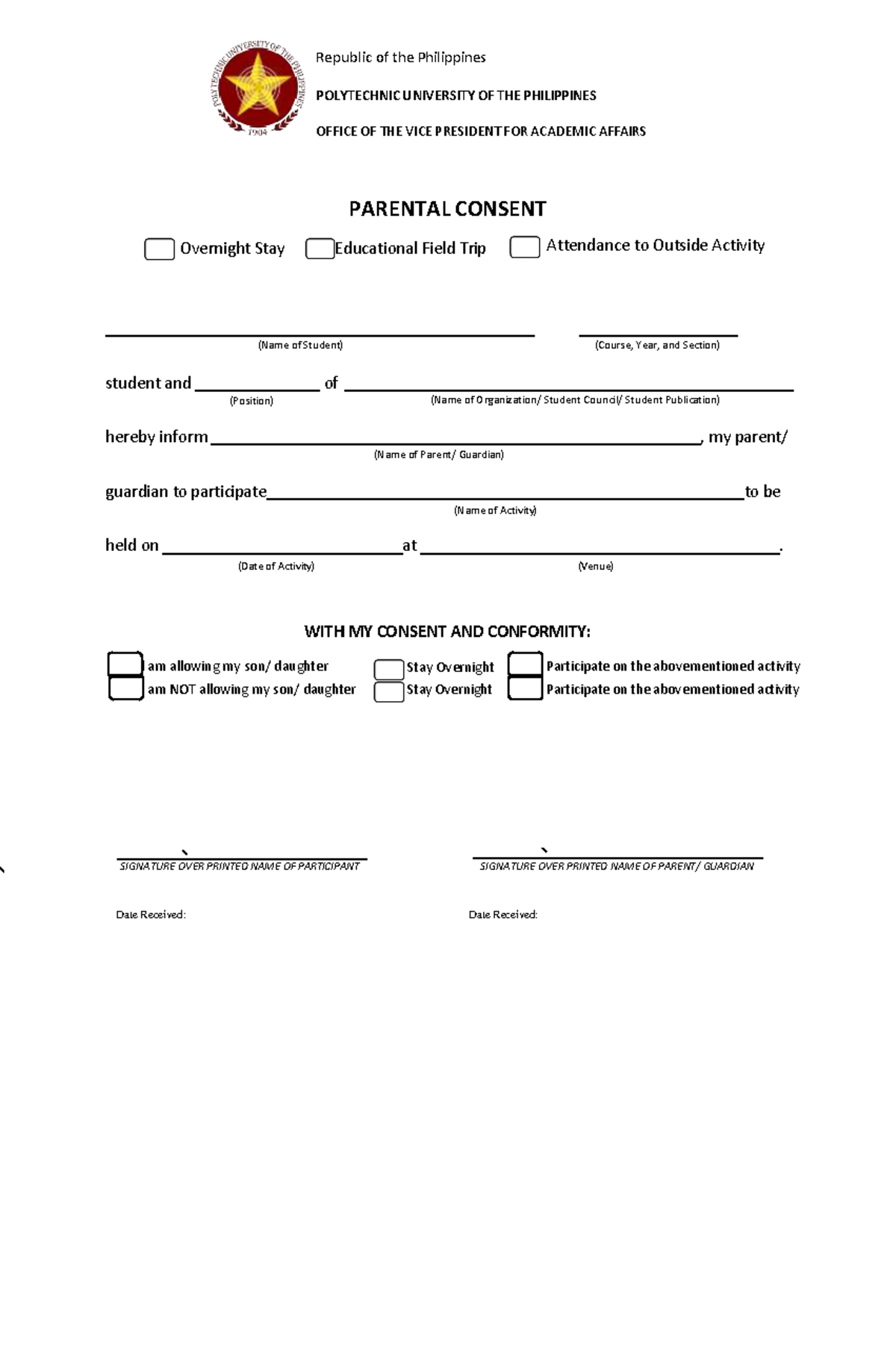 Parental Consent Form for Overnight Educational Trip Activities - Studocu