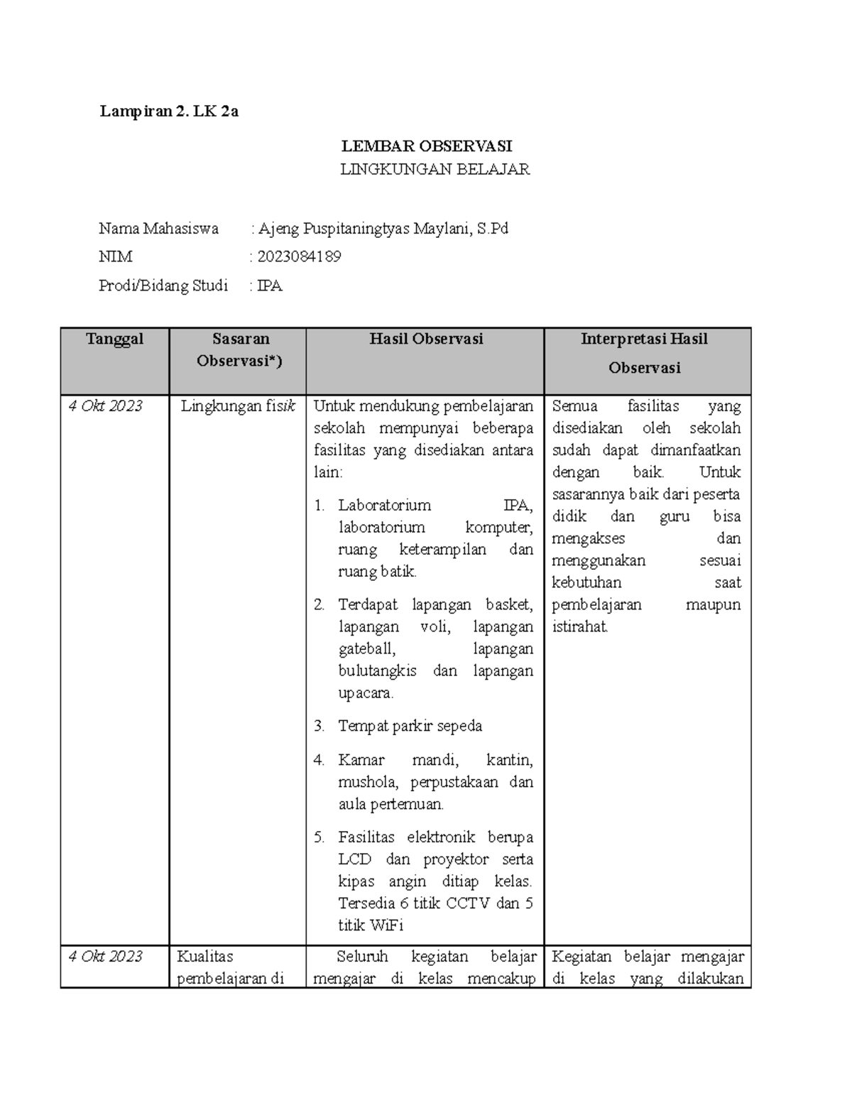 Lembar Observasi Lingkungan Belajar di Sekolah (IPA LK 2a) - Studocu