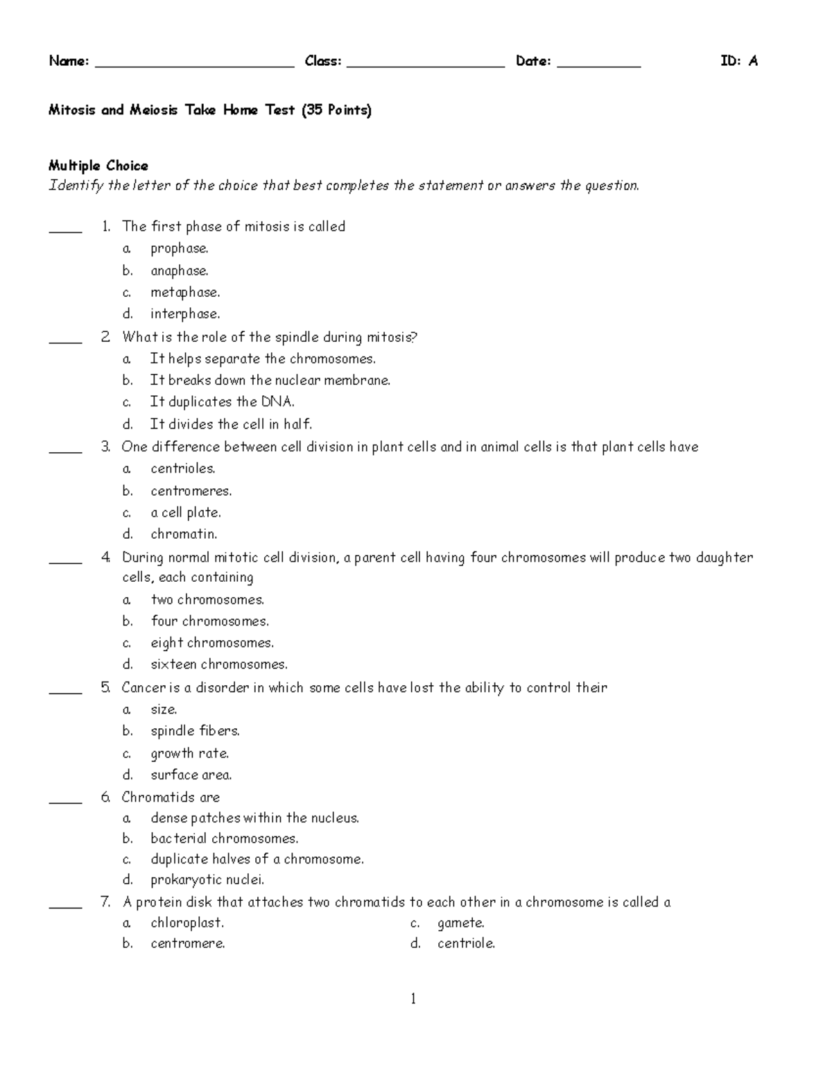 Mitosis and Meiosis Take Home Test (BIO 101) - Chapter 8 Review - Studocu