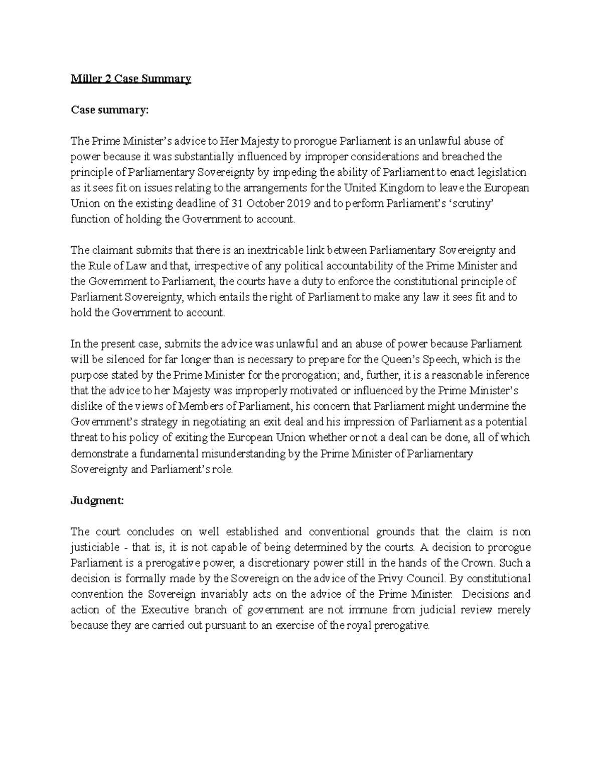 MILLER 2 Case Summary: Unlawful Prorogation of Parliament Review - Studocu