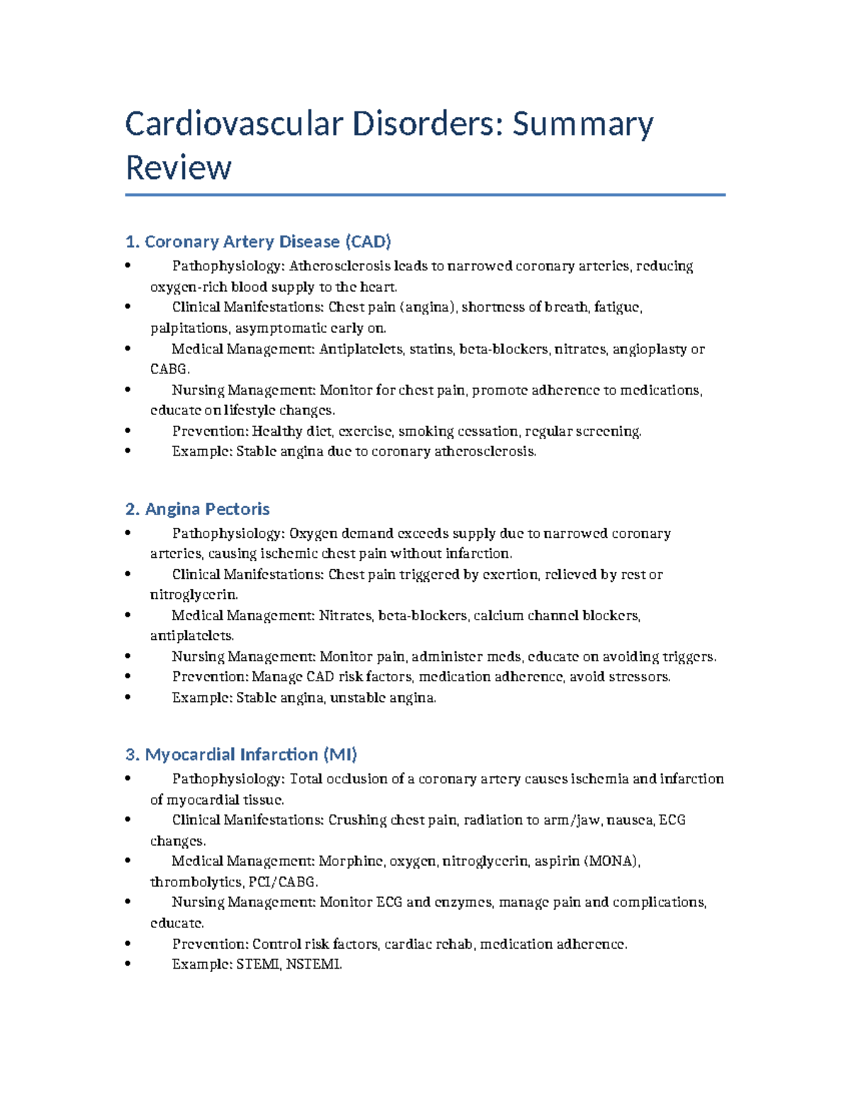 Cardiovascular Disorders Review: CAD, Angina, and MI Overview - Studocu