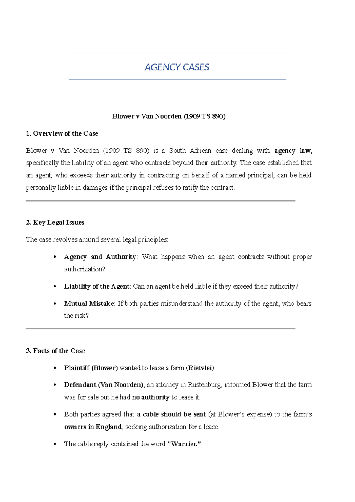 Agency Cases - Key Legal Principles and Rulings (1909 TS 890) - Studocu