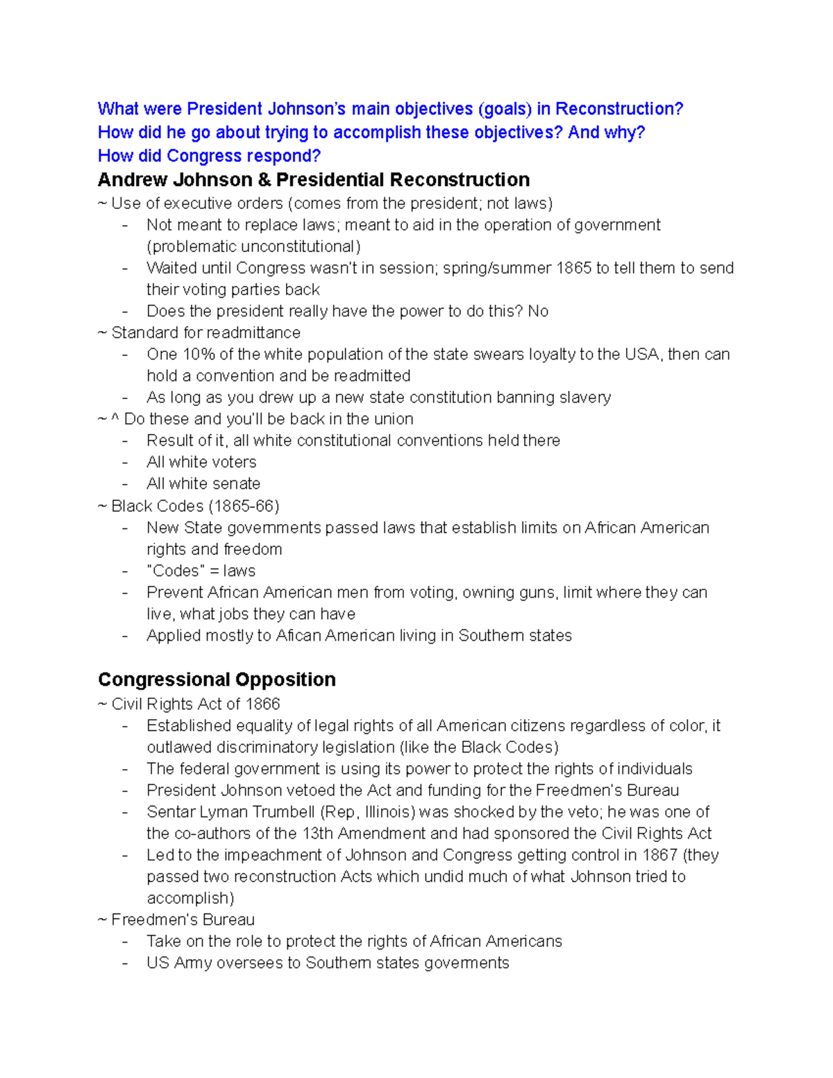 Presidential & Congressional Reconstruction (HIS 101) Overview, 1865-67 ...