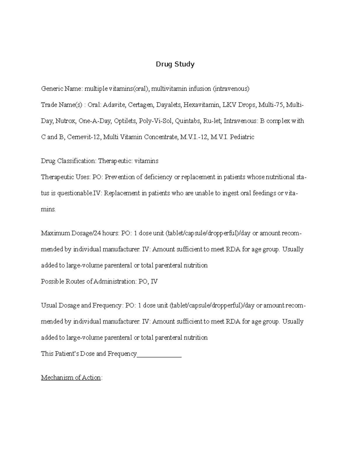 Multiple Vitamins:Multivitamin Drug Study - Drug Study Generic Name ...