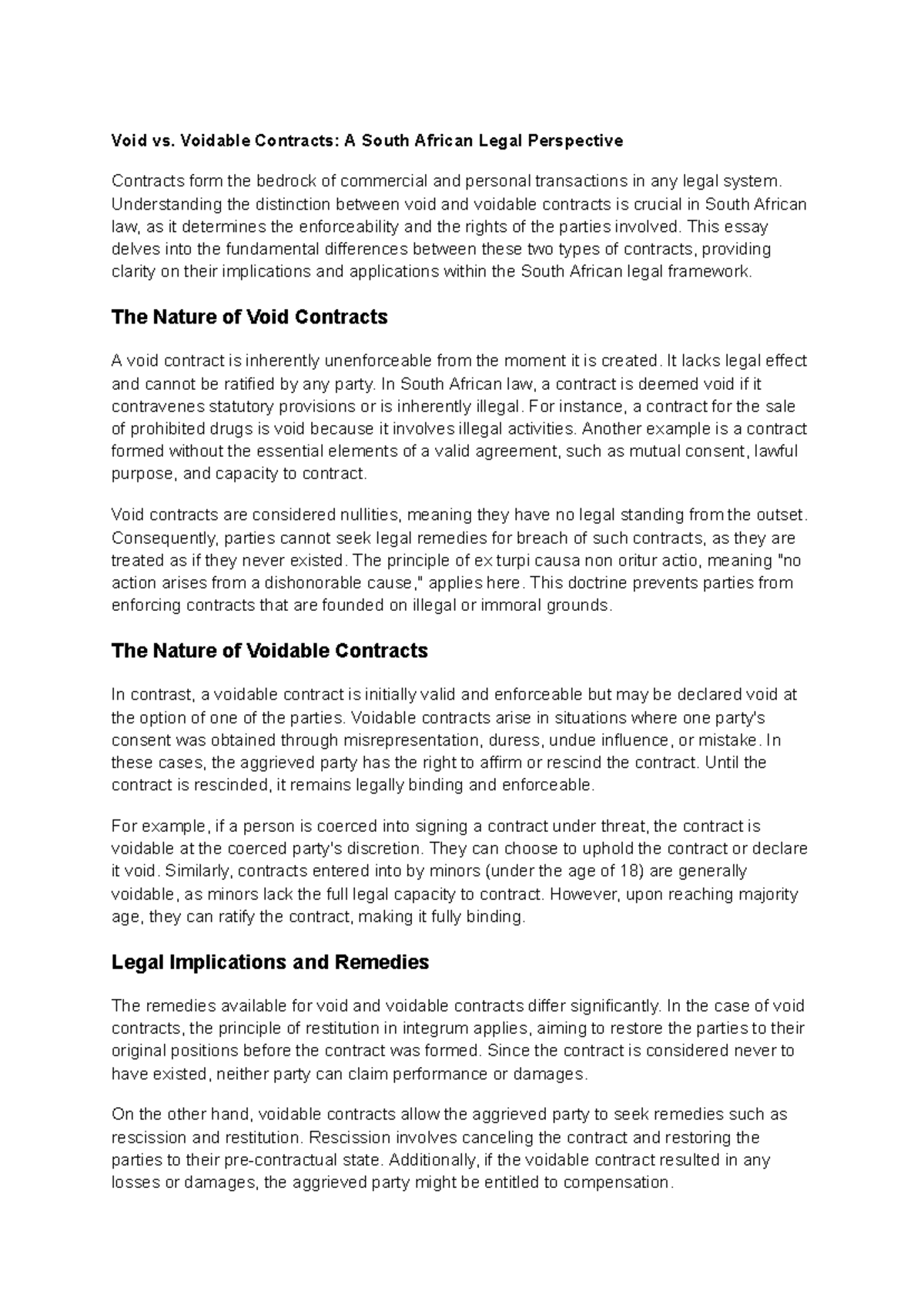 Void vs. Voidable Contracts: Insights from SA Legal Context - Studocu