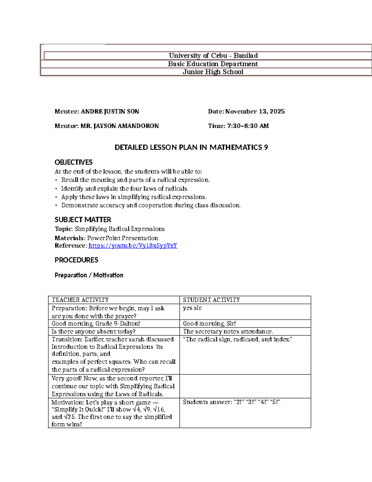 Mathematics 9 Detailed Lesson Plan: Simplifying Radical Expressions ...