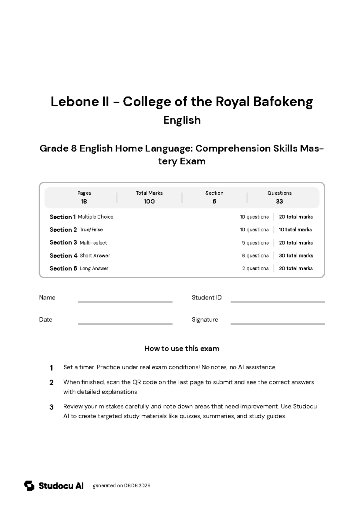 Grade 8 English Comprehension Skills Mastery Exam - Studocu