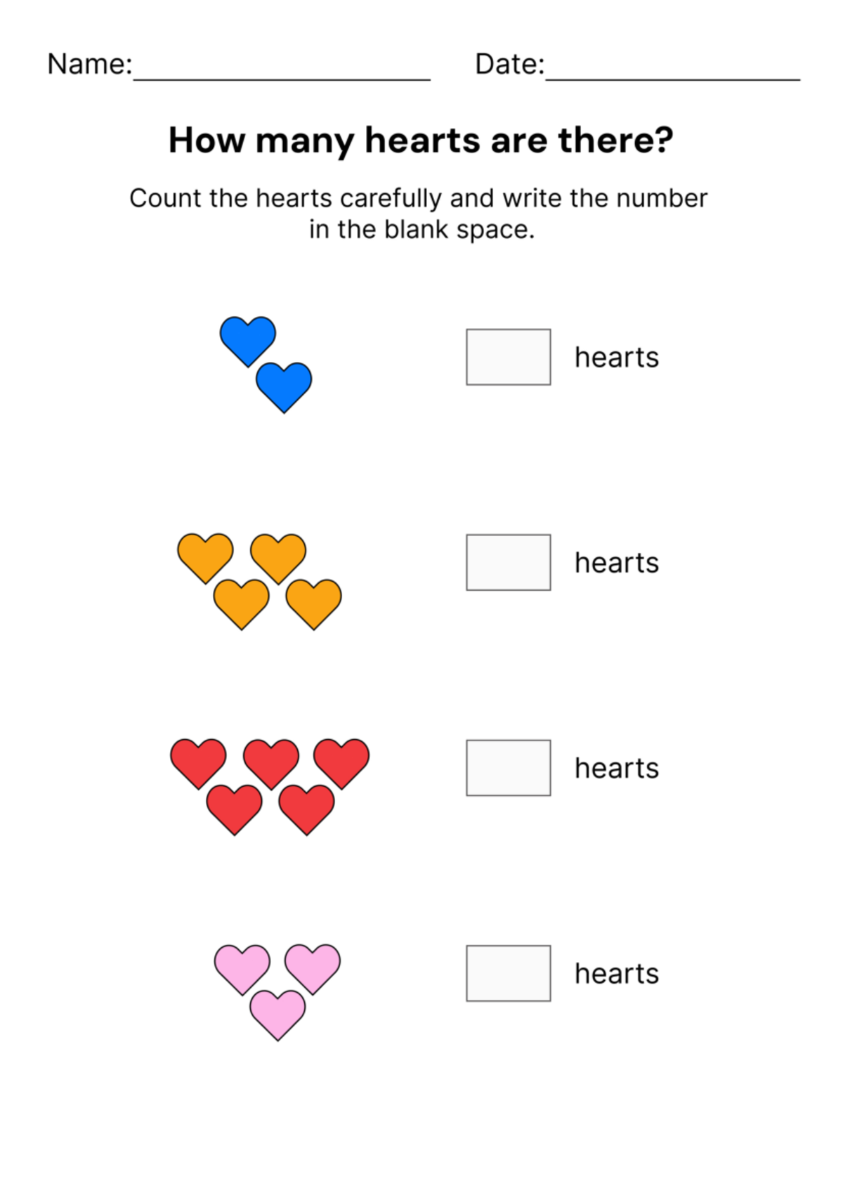 Count the Hearts Worksheet – Version 2 - Name: Date: How many hearts ...