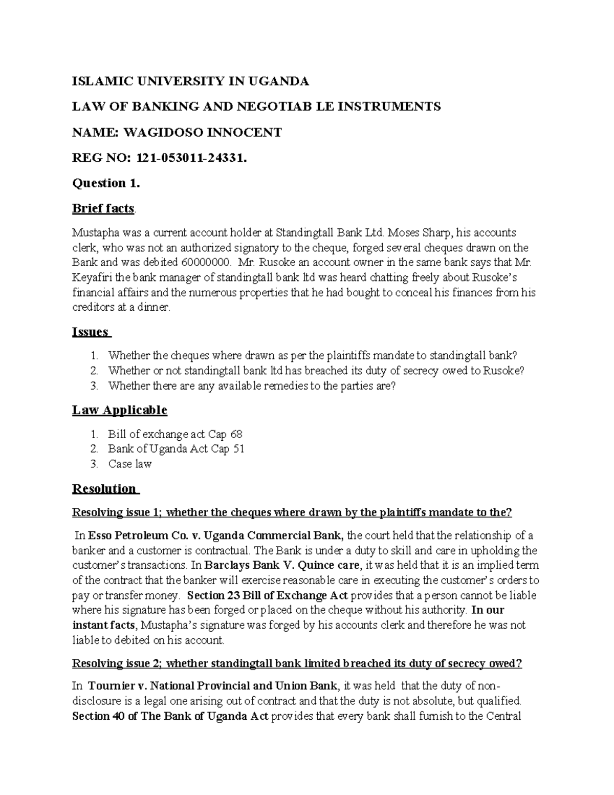 LAW OF BANKING: Case Study on Forged Cheques and Duty of Secrecy - Studocu