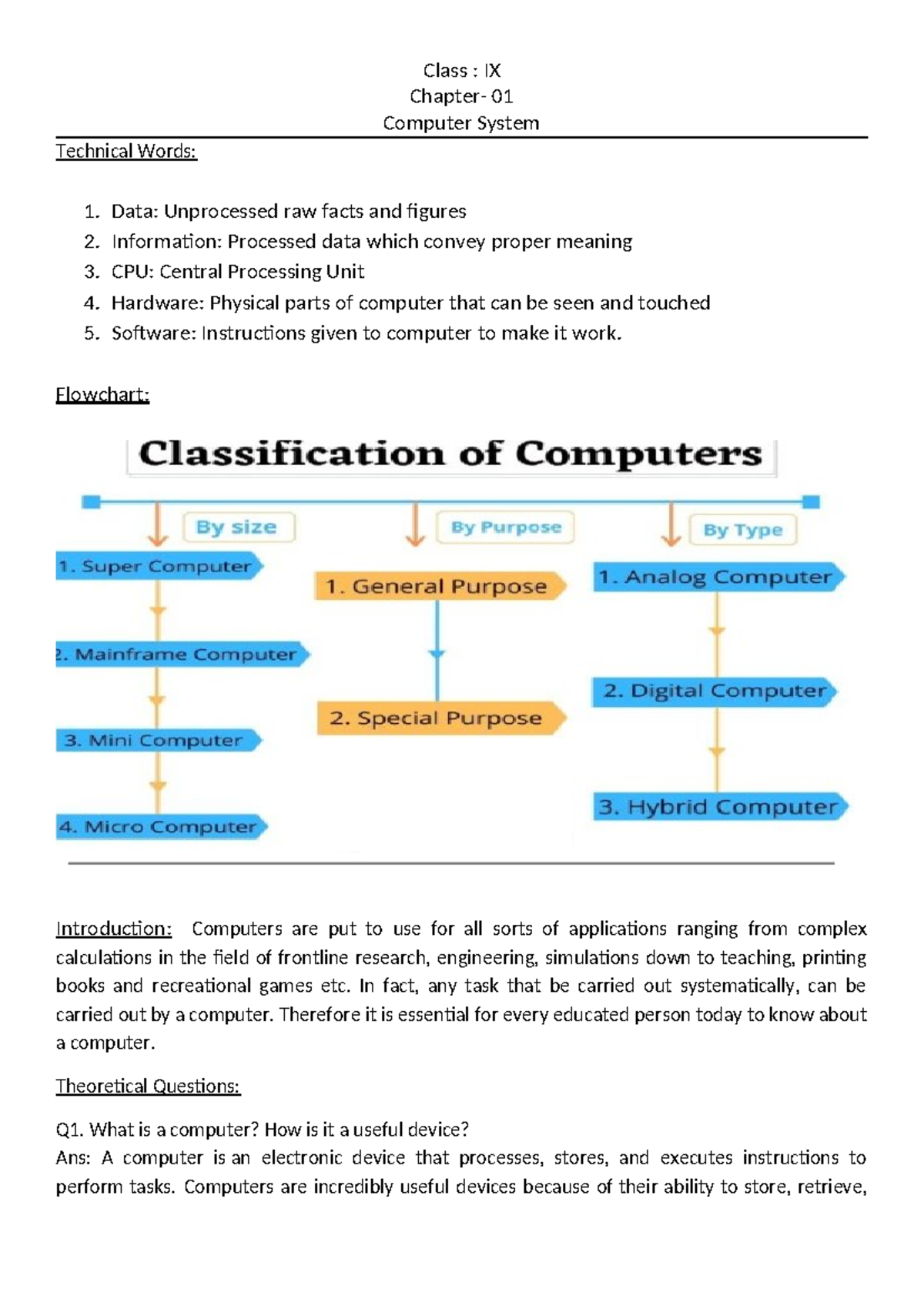 Class IX Computer System & Hardware Notes - Practice Material - Studocu
