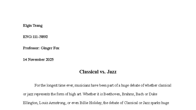 ENG111 Compare and Contrast: Classical vs. Jazz Music Essay - Studocu