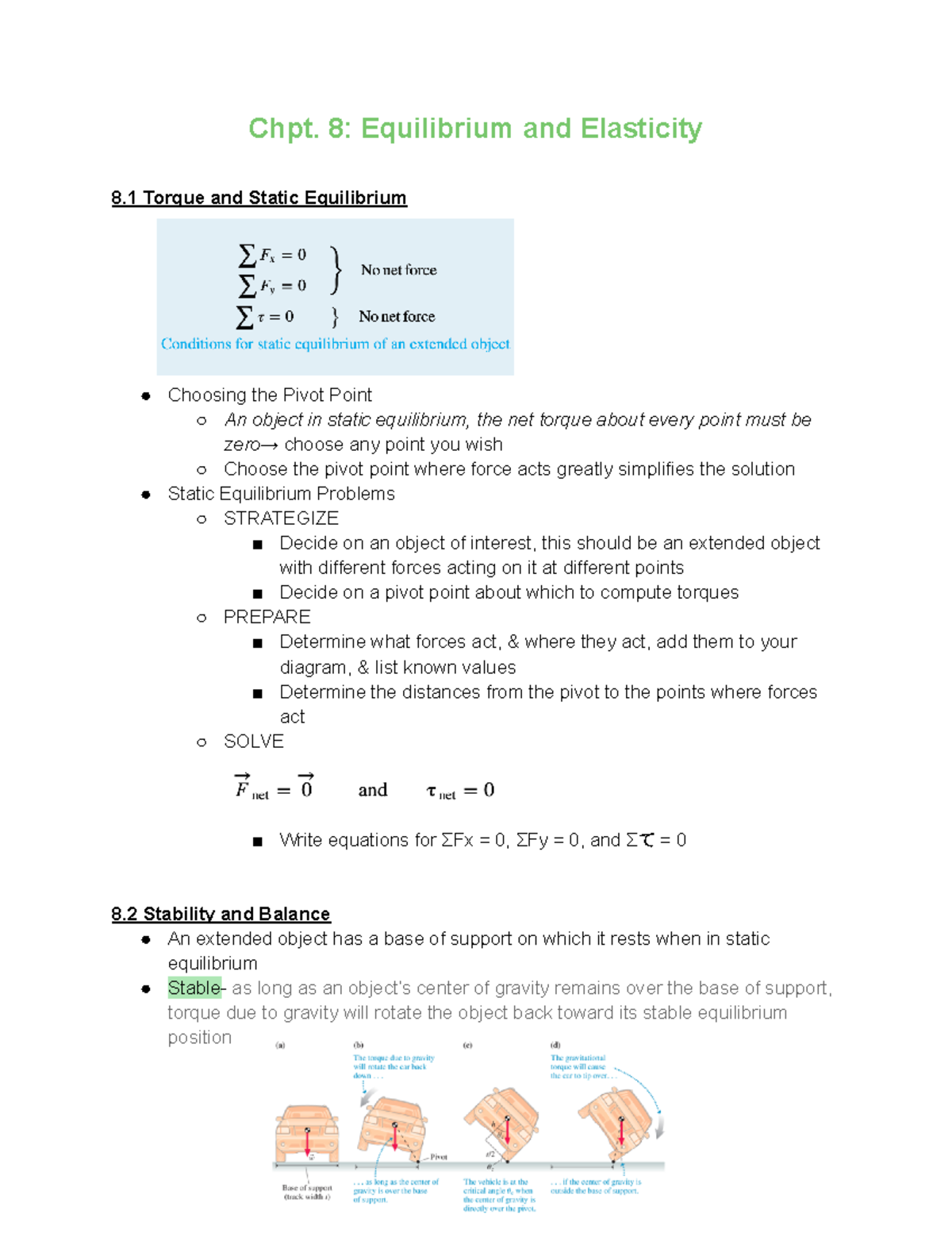 Chapter 8 notes - Chpt. 8: Equilibrium and Elasticity 8 Torque and ...