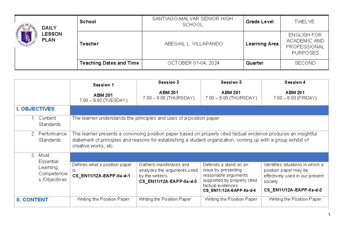 DLL - EAPP - Q2 - WEEK 1 - Daily Lesson Plan for Grade 12 - Studocu