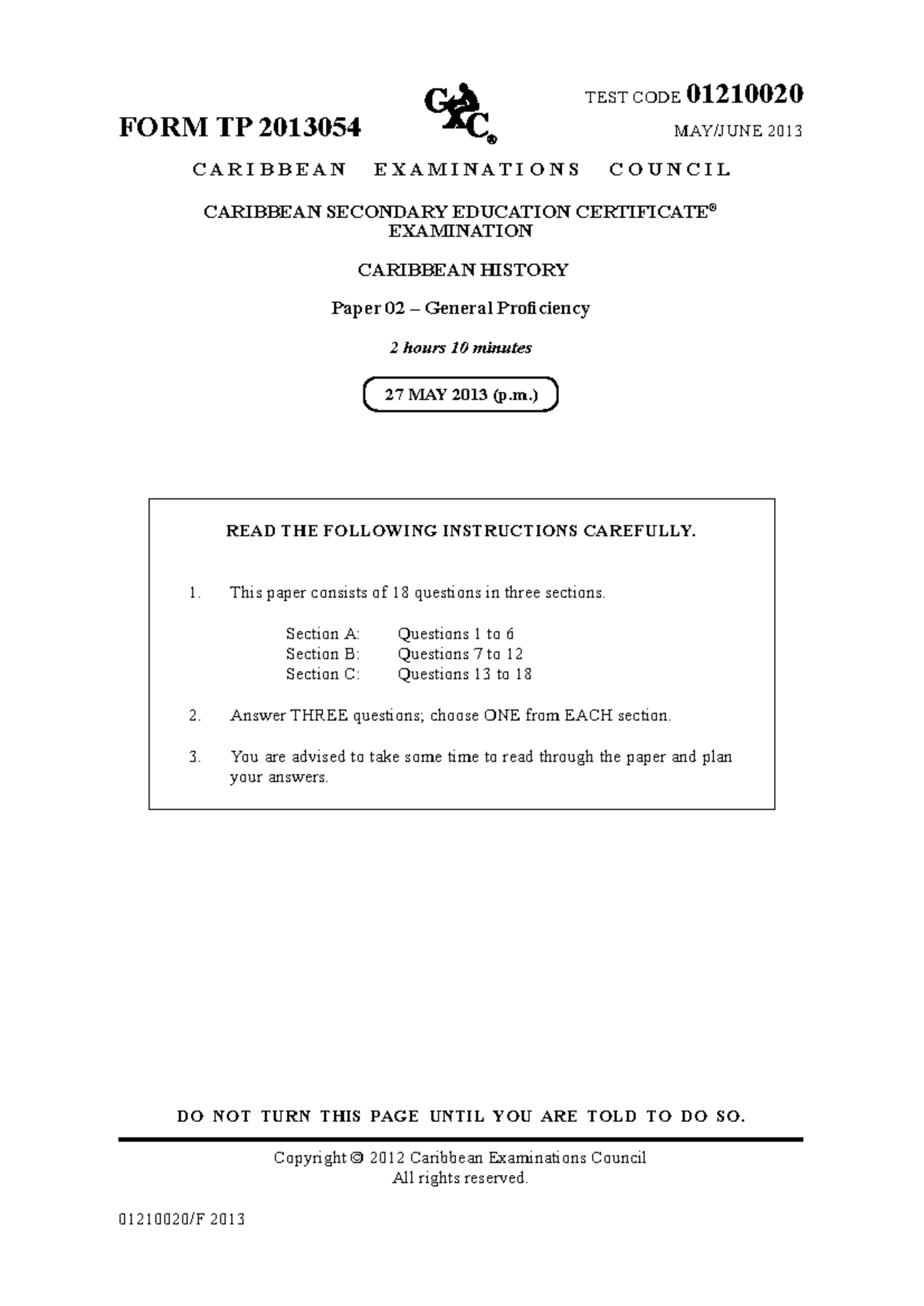 CSEC Caribbean History June 2013 Paper 02 Exam Questions - Studocu