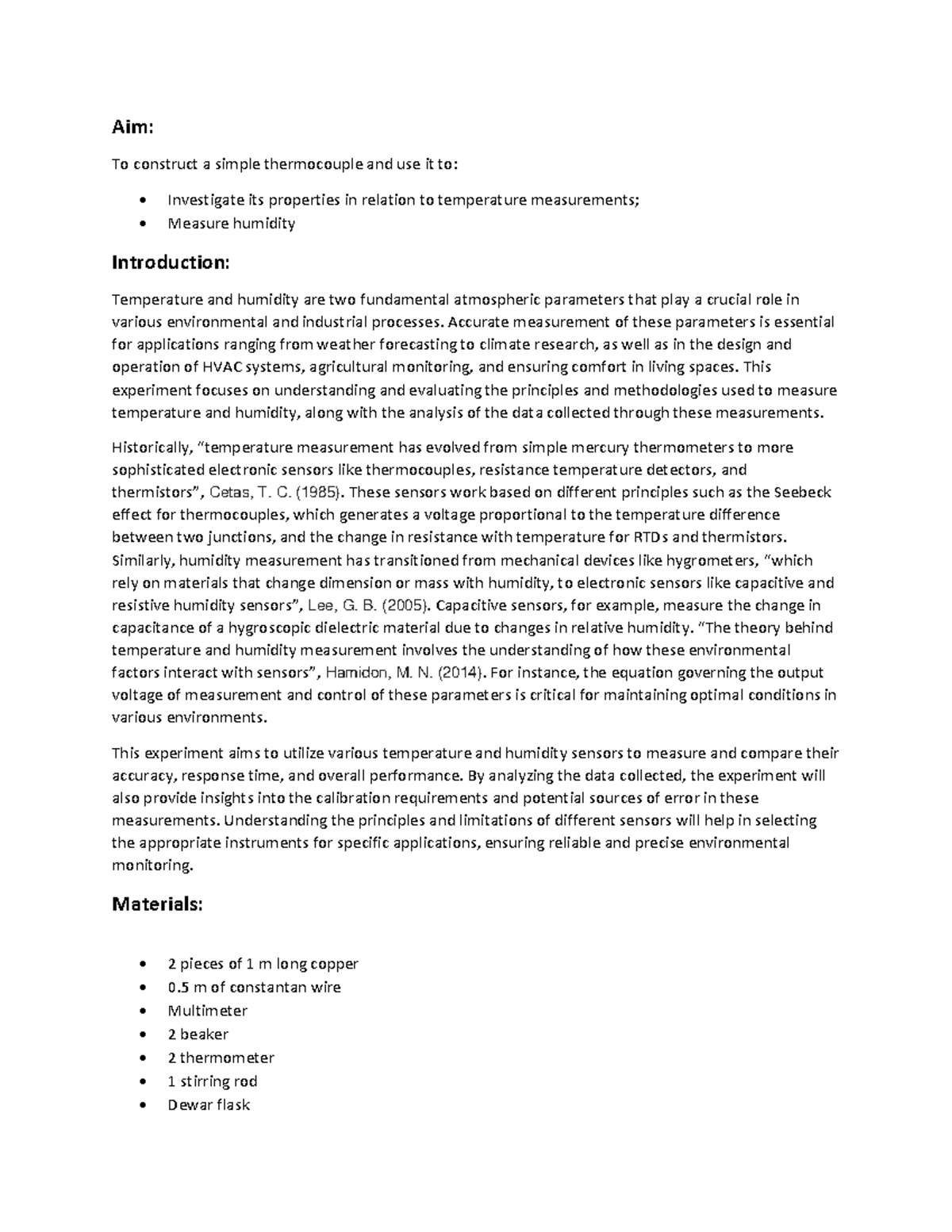 Lab Report: Thermocouple & Psychrometer for Temp & Humidity Measurement ...