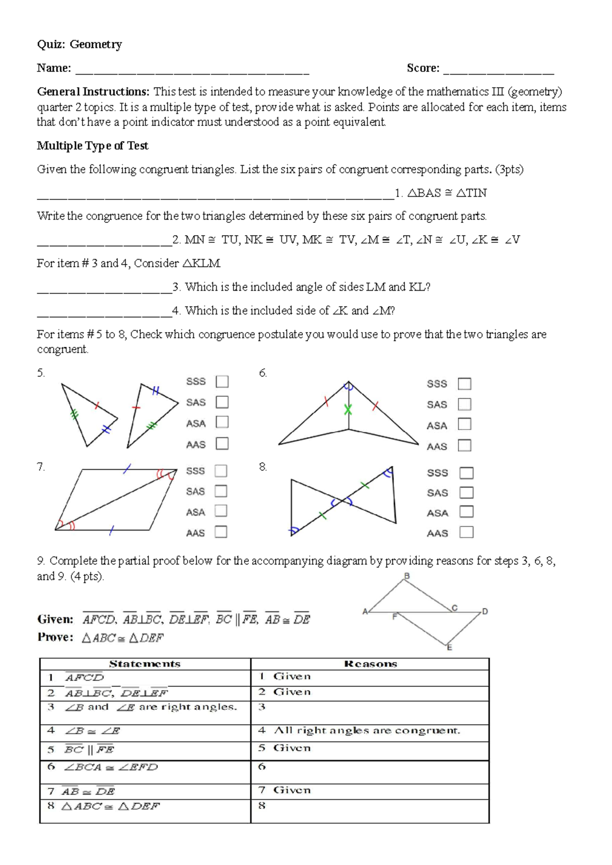 Quiz: Geometry Q2 Exam Prep - Congruent Triangles & Proofs - Studocu