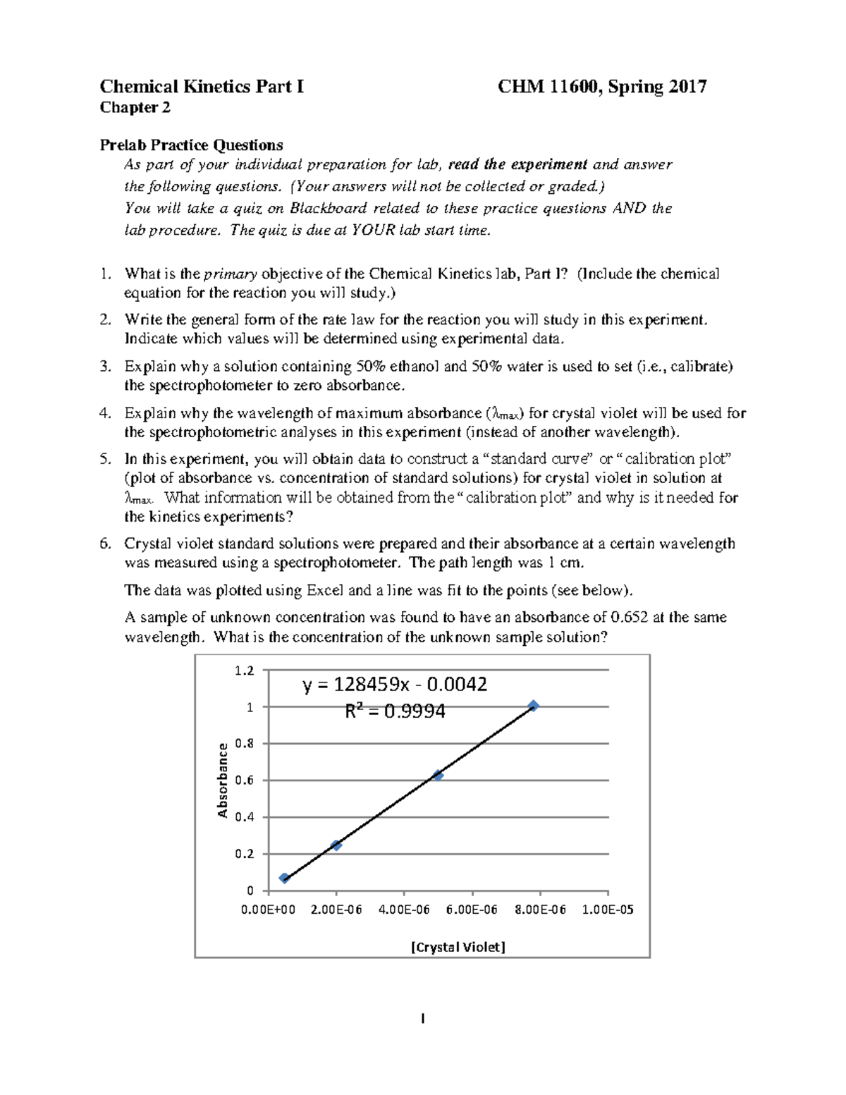 CHM 11600 Chemical Kinetics Part I Prelab Practice Questions (2017 ...