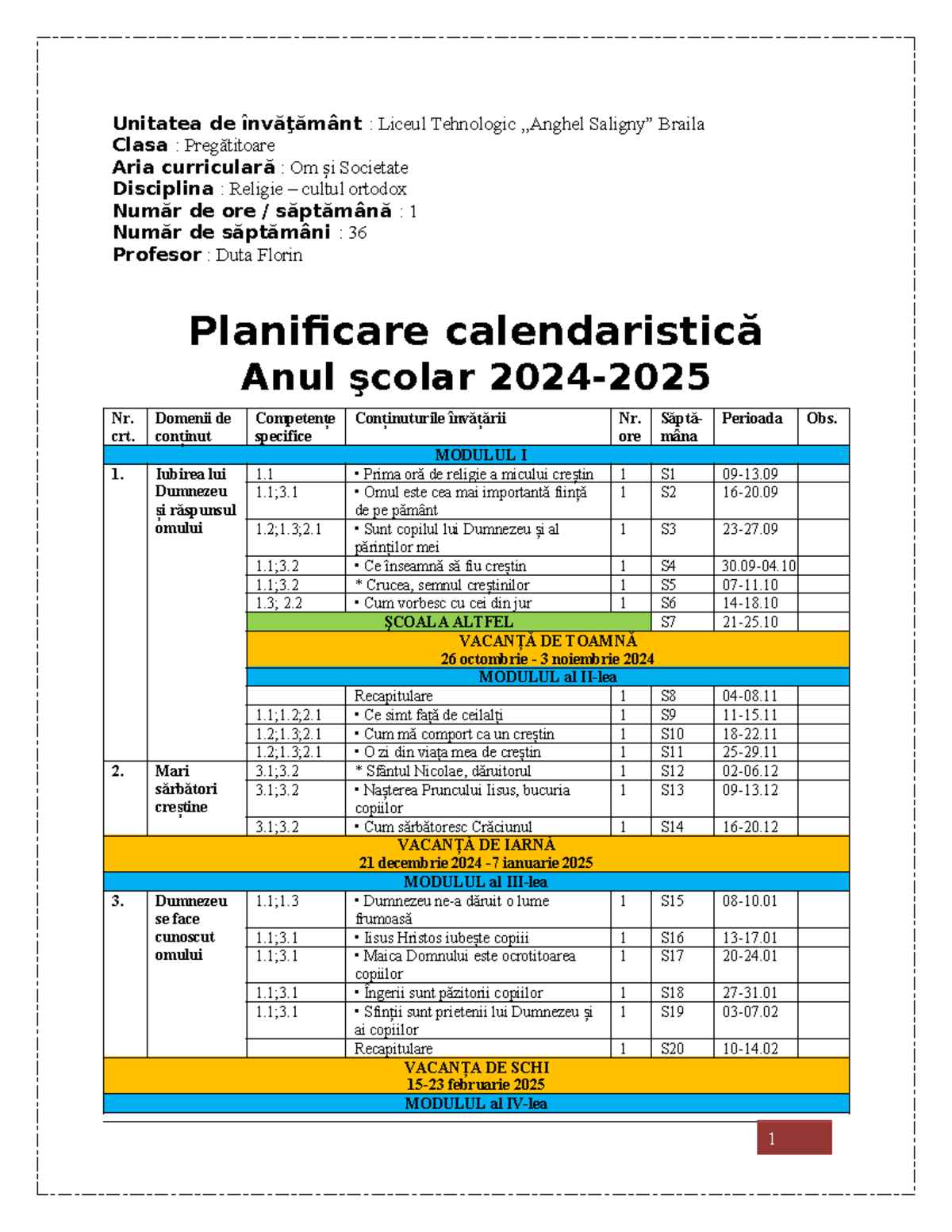 Planificari primar 2024-2025 - Unitatea de învăţământ : Liceul Tehnologic ,,Anghel Saligny ...