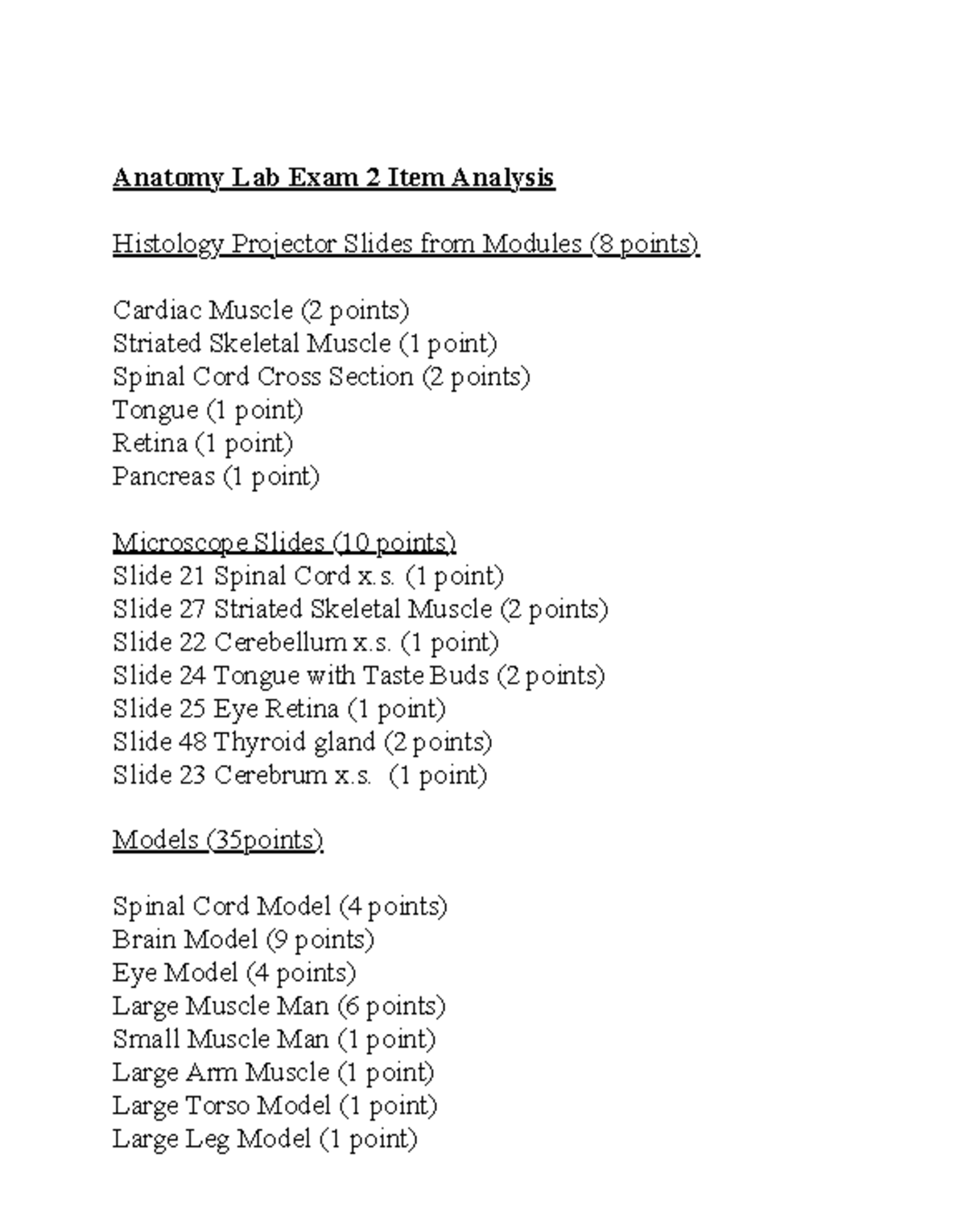 Lab exam 2 lab exam 2 with models 2 - Anatomy Lab Exam 2 Item Analysis ...