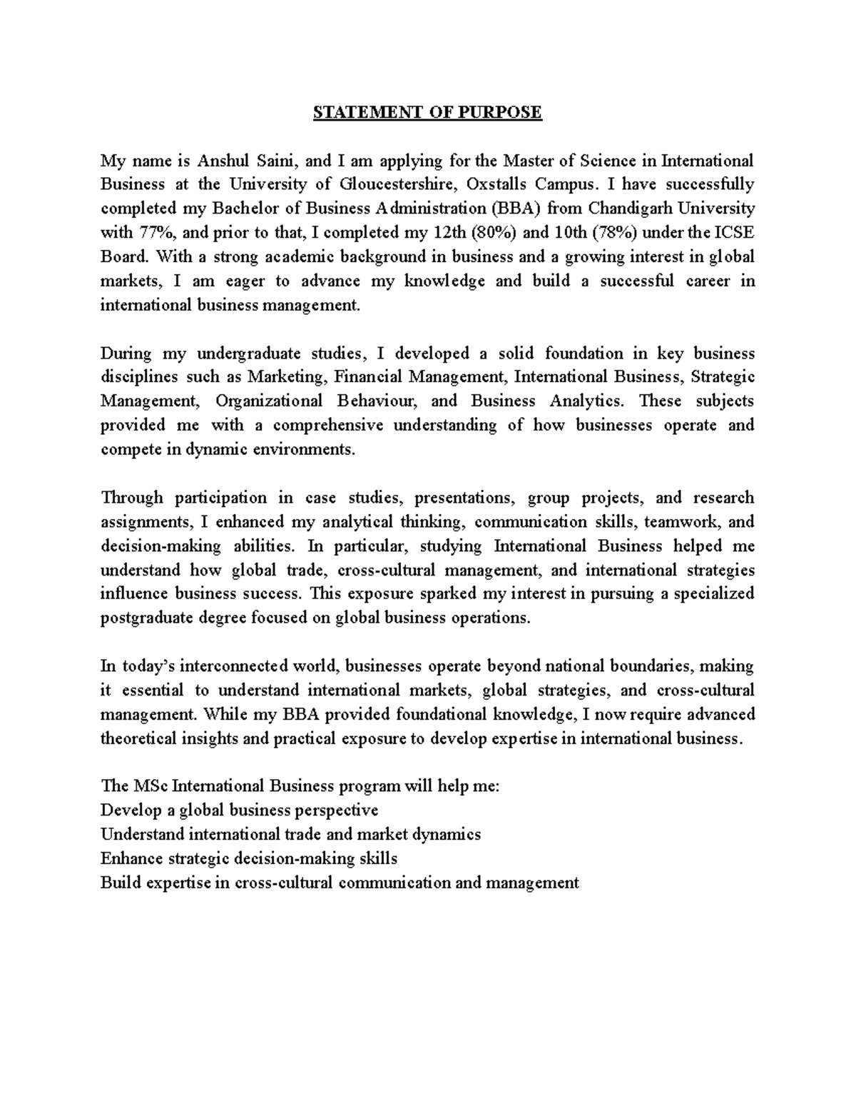 MSc International Business SOP - Anshul Saini, Gloucestershire - Studocu