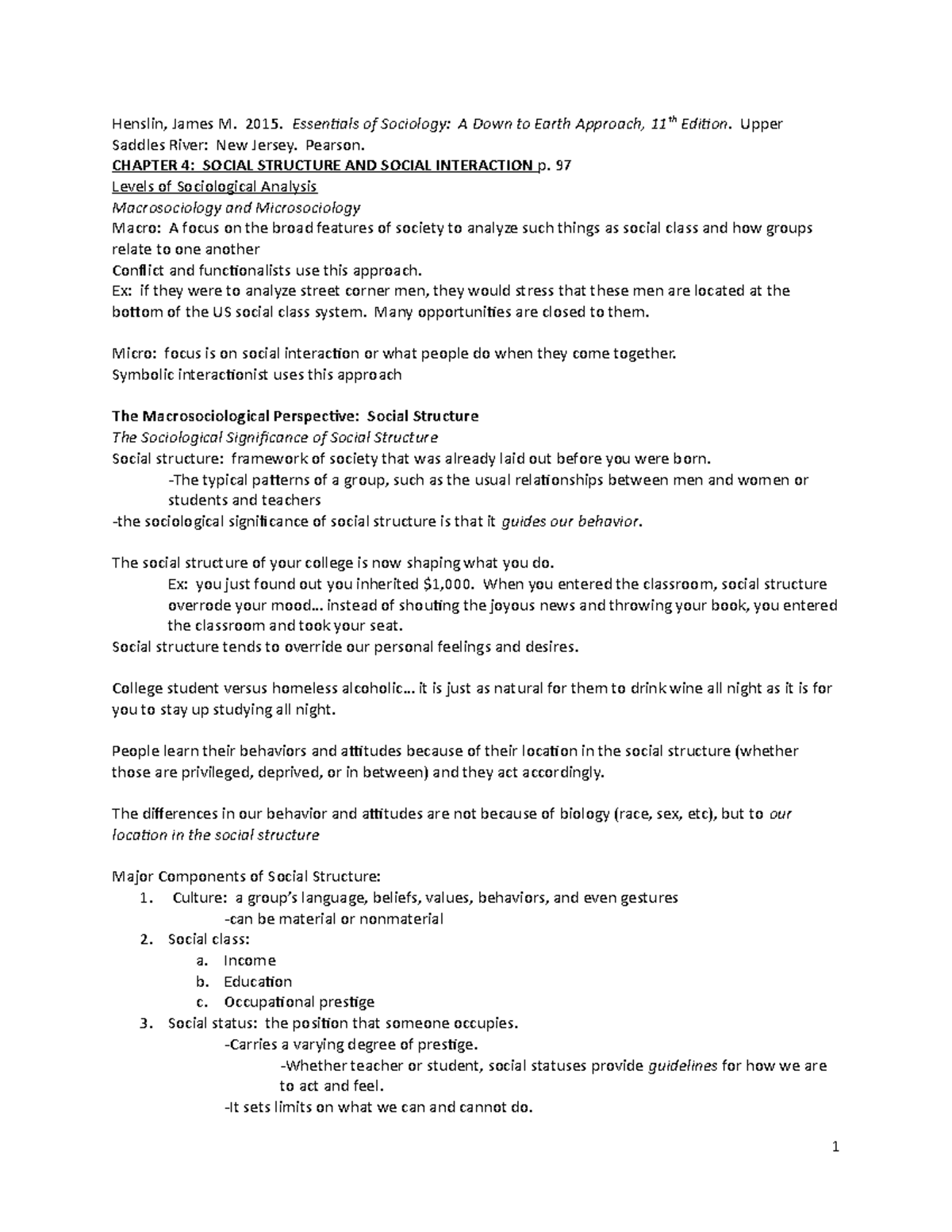 Sociology Notes - Chapter 4: Social Structure & Interaction (SOC101 ...