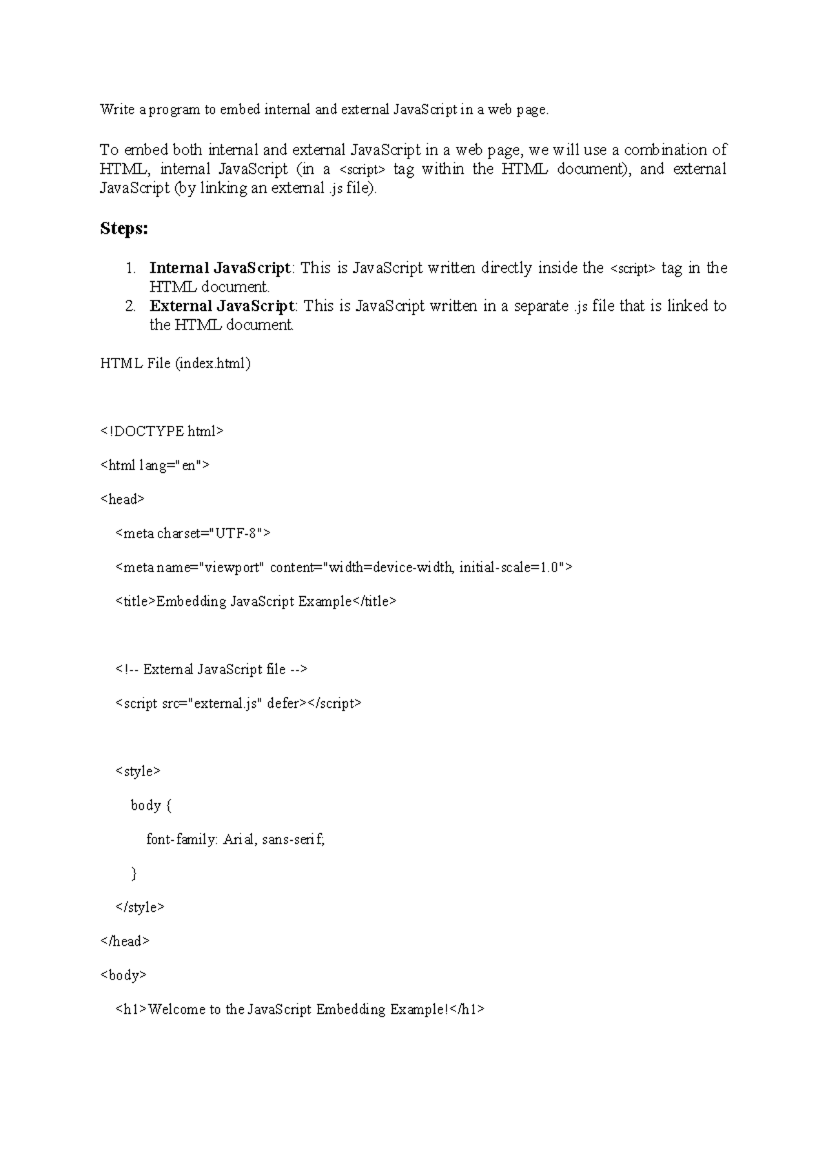 JavaScript Programming: Embedding Internal & External Scripts - Studocu