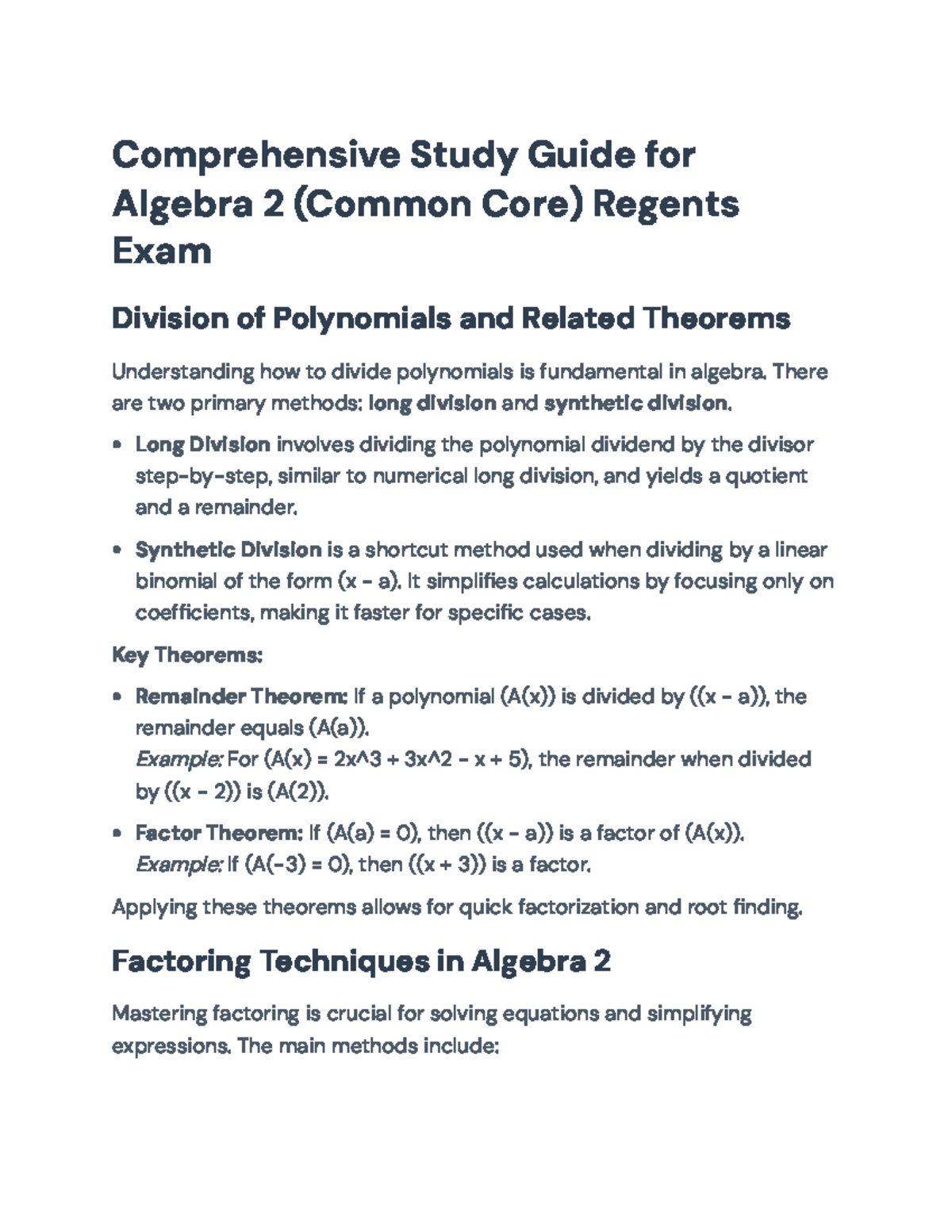 Algebra 2 (Common Core) Regents Exam Study Guide: Polynomials ...