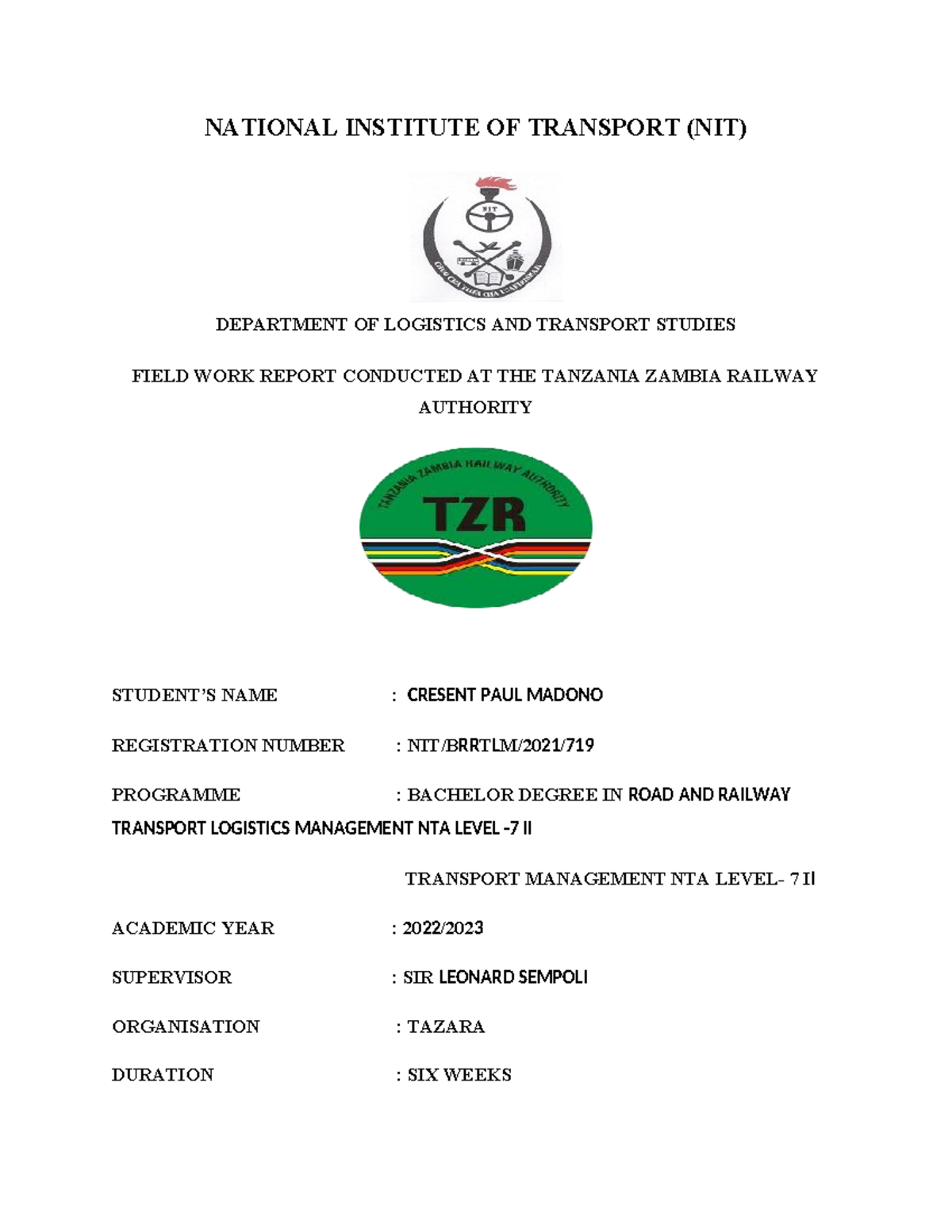 NIT Field Work Report: TAZARA Operations & Logistics Insights - Studocu