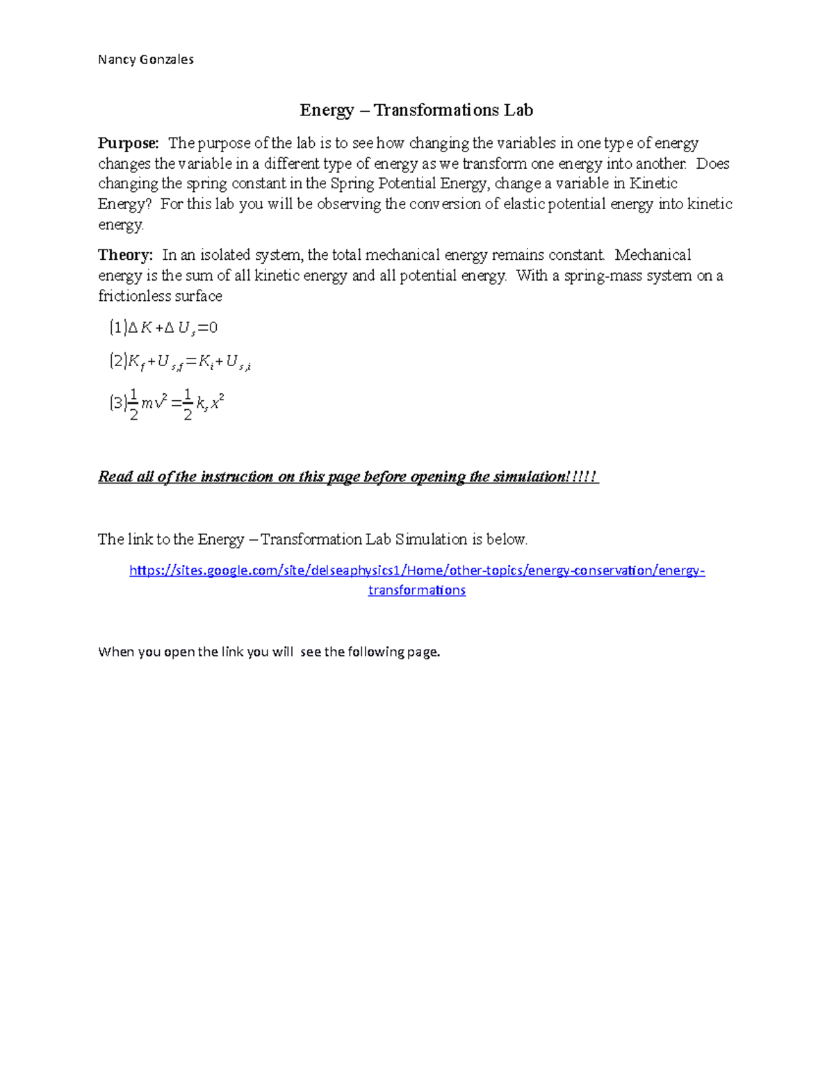 Lab 9 - Physics Virtual Energy-Transformations Lab - Energy ...