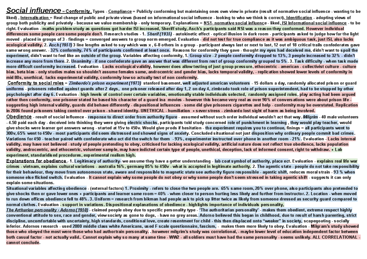 Social Influence Notes: Conformity, Compliance, and Obedience (PSY101 ...