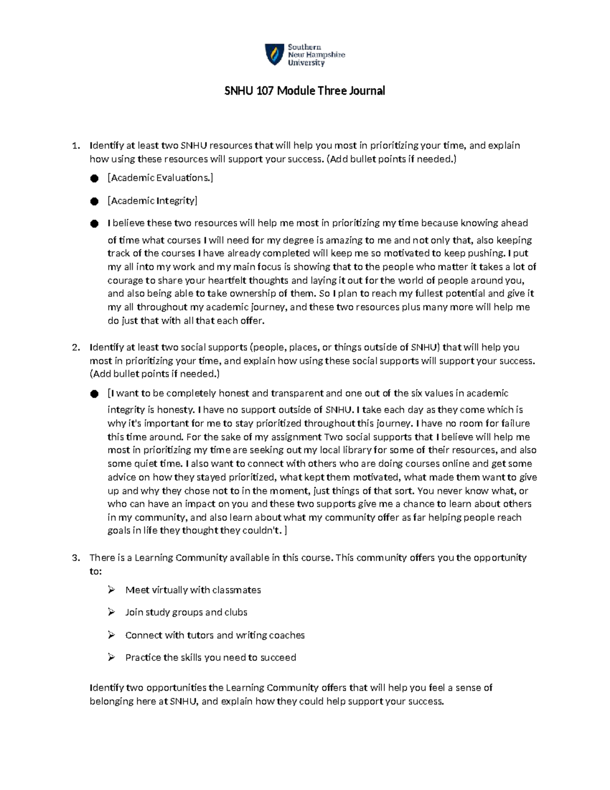 SNHU 107 Module Three Journal: Time Management & Support Strategies ...